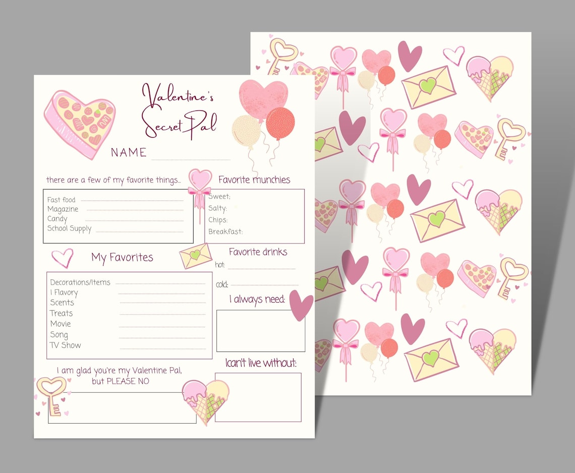 Valentine's Day Secret Pal Questionnaire, Printable Gift Exchange Wish ...