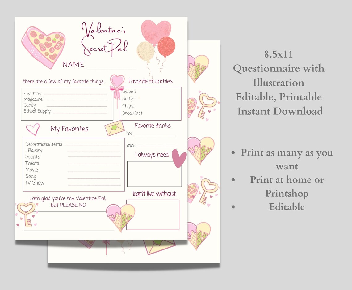 Valentine's Day Secret Pal Questionnaire, Printable Gift Exchange Wish ...