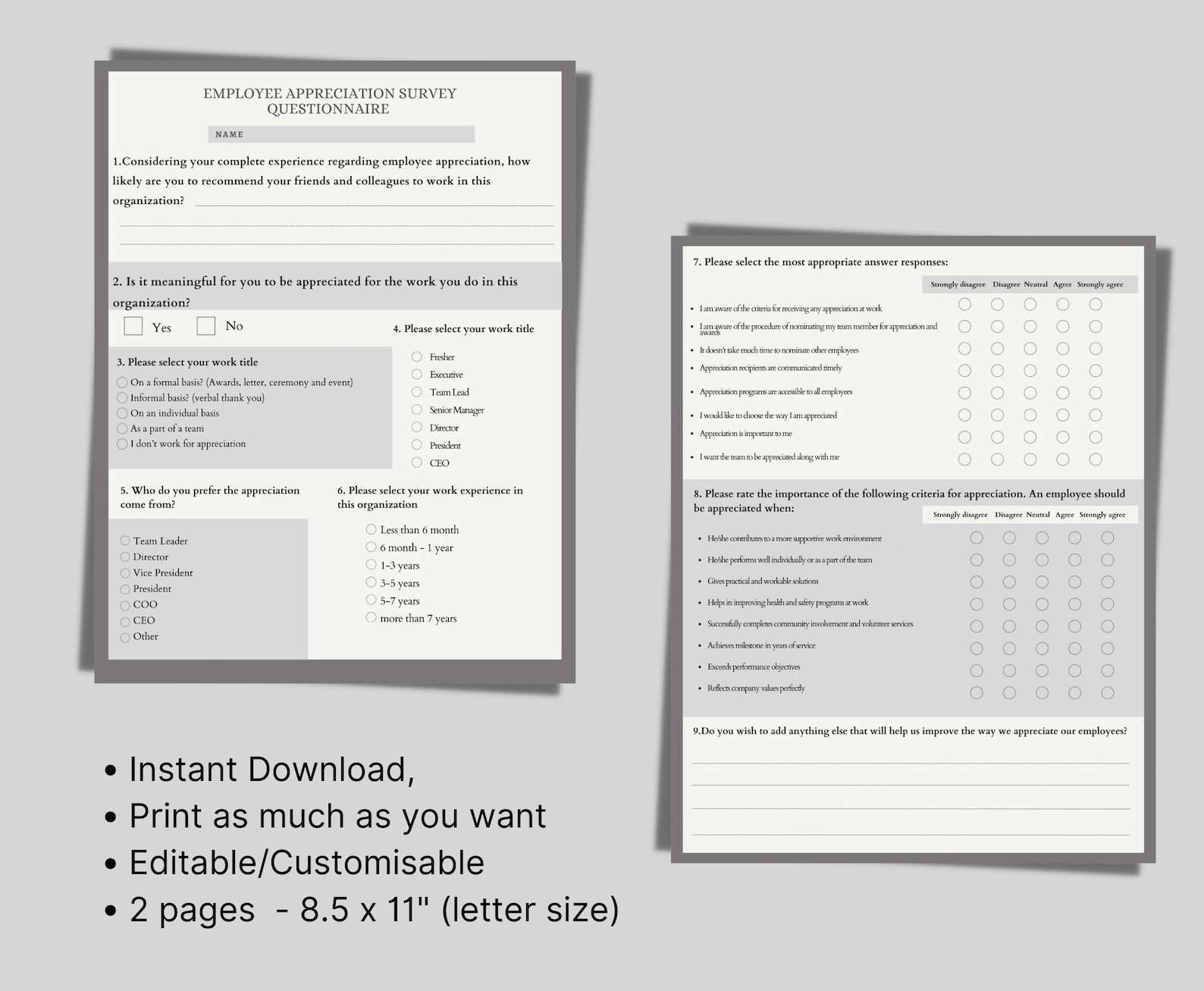 Employee Appreciation Survey Questionnaire Employee Evaluation Surveys ...