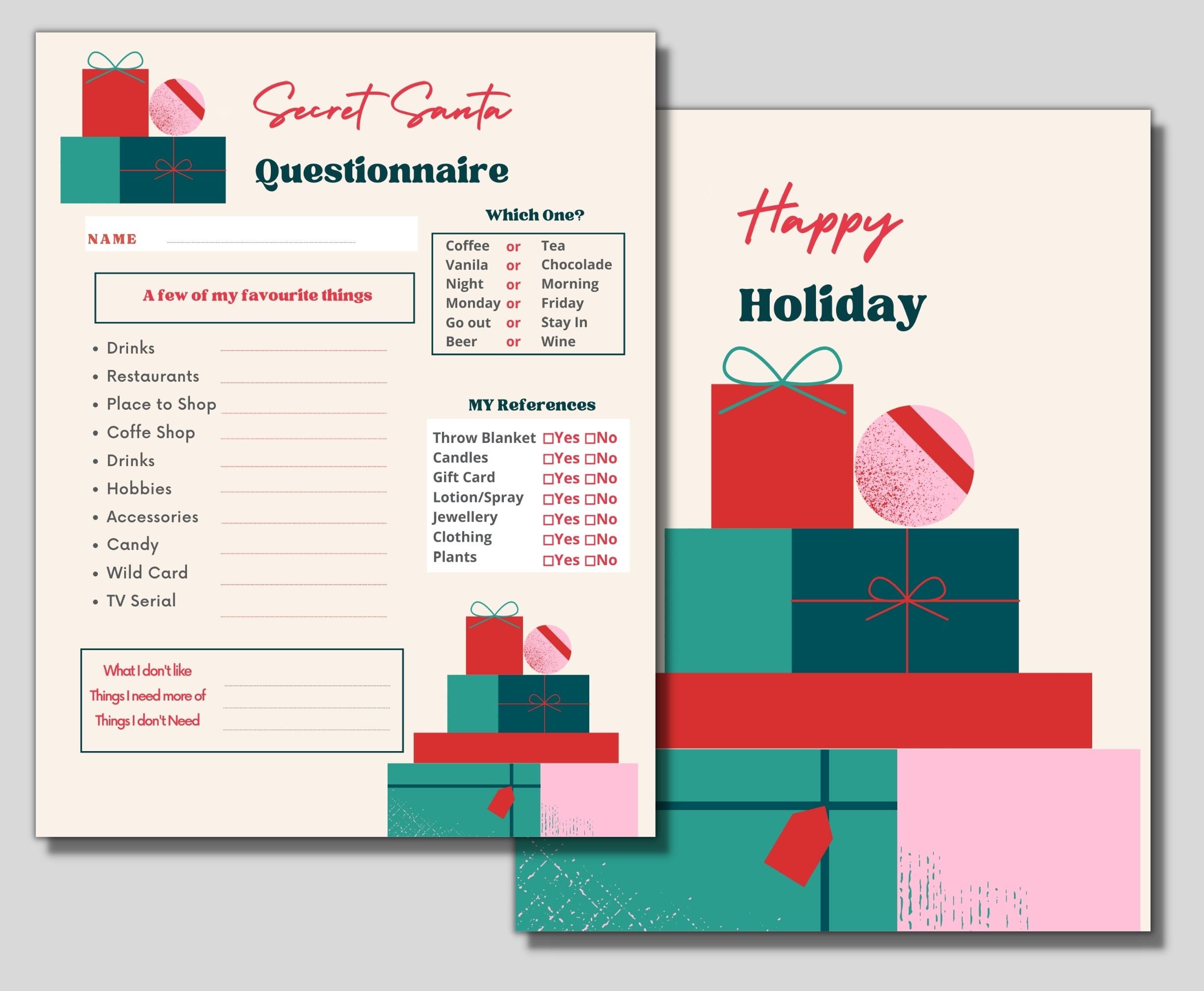 Secret Santa Questionnaire, Gift Exchange Printable PDF, Christmas ...