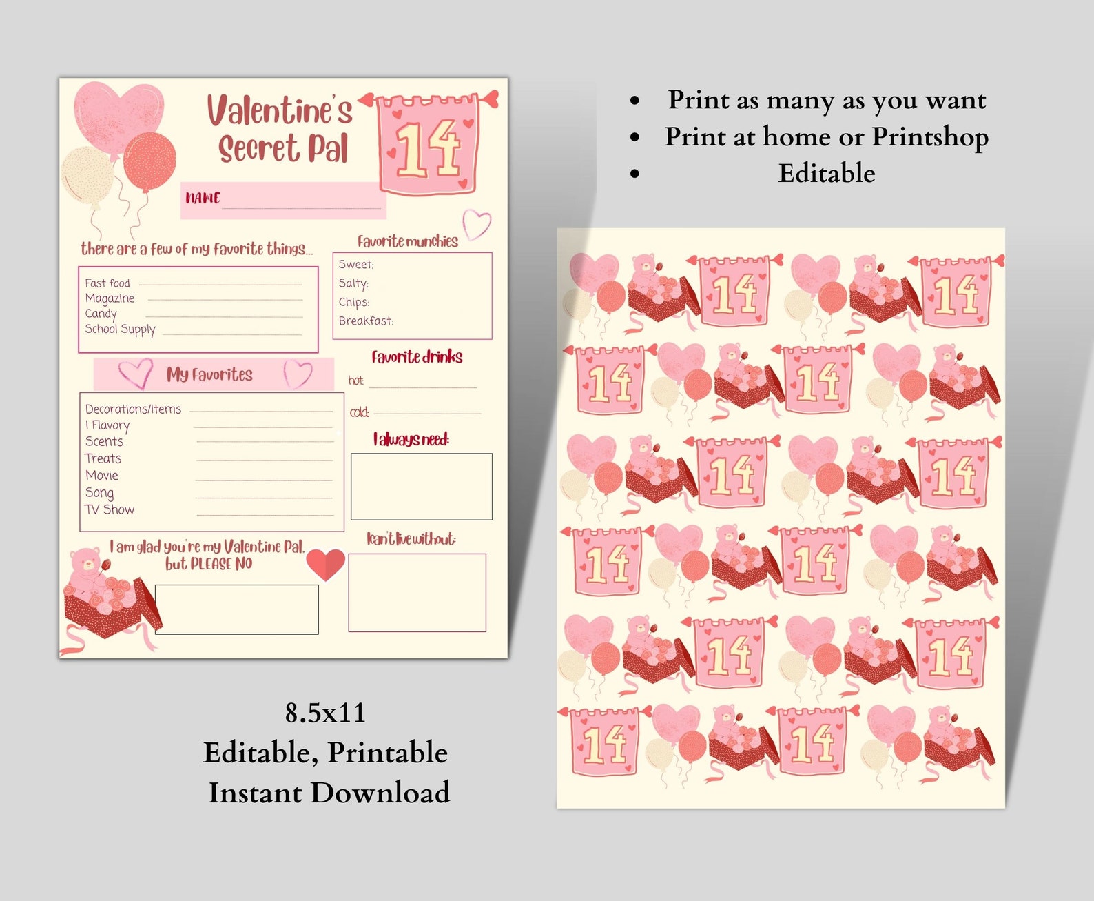Valentine's Day Secret Pal Questionnaire, Printable Gift Exchange Wish ...