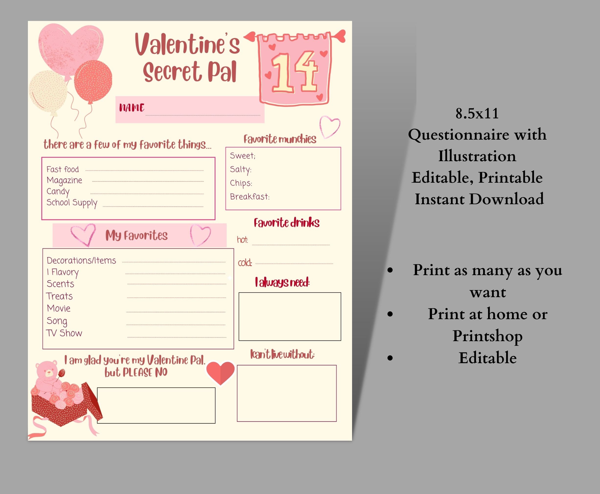 Valentine's Day Secret Pal Questionnaire, Printable Gift Exchange Wish ...