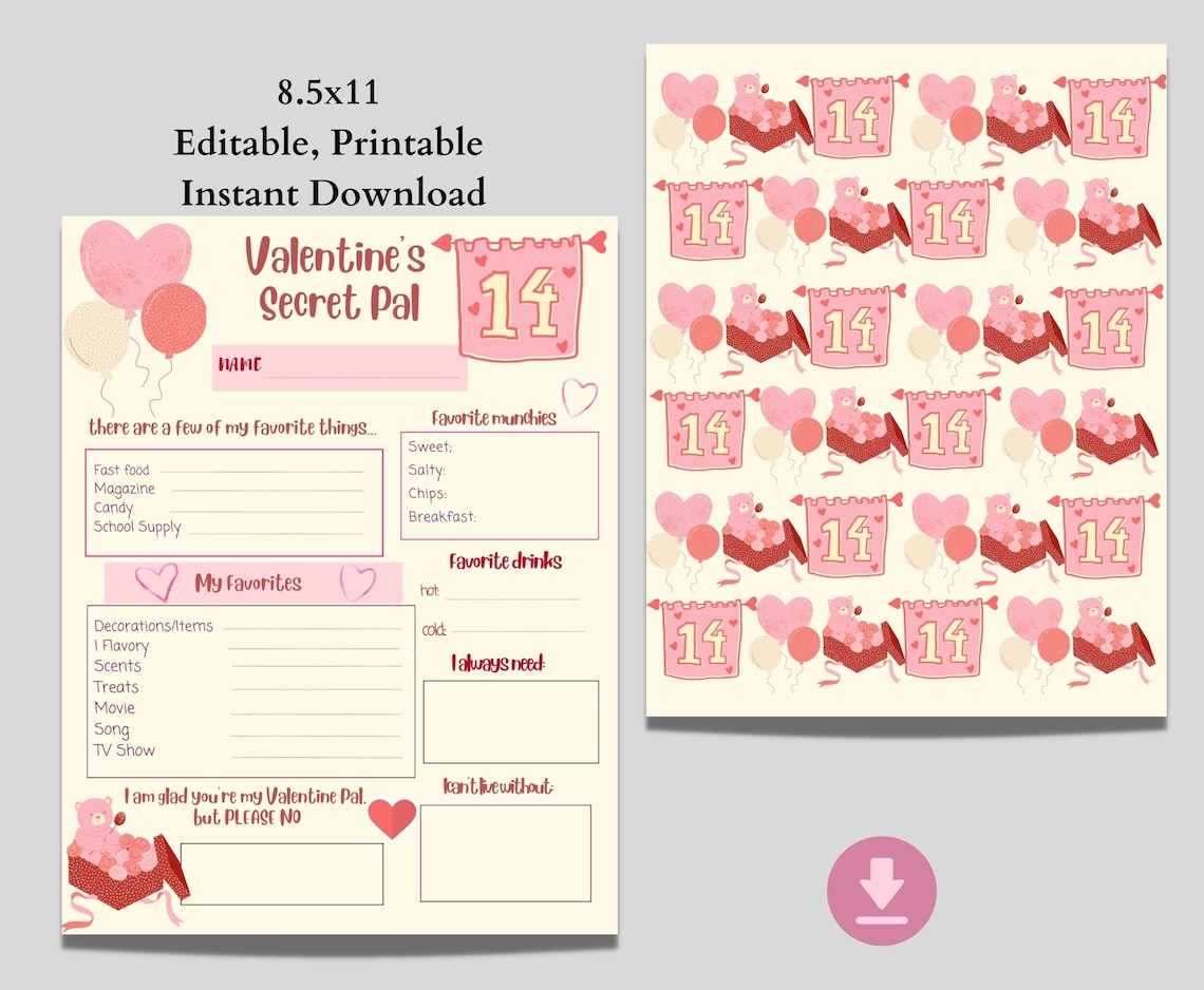 Valentine's Day Secret Pal Questionnaire, Printable Gift Exchange Wish ...