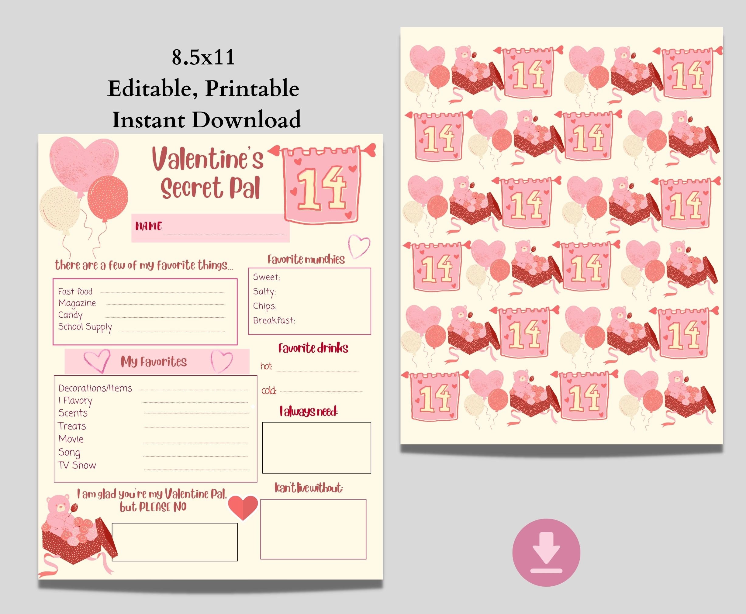 Valentine's Day Secret Pal Questionnaire, Printable Gift Exchange Wish ...