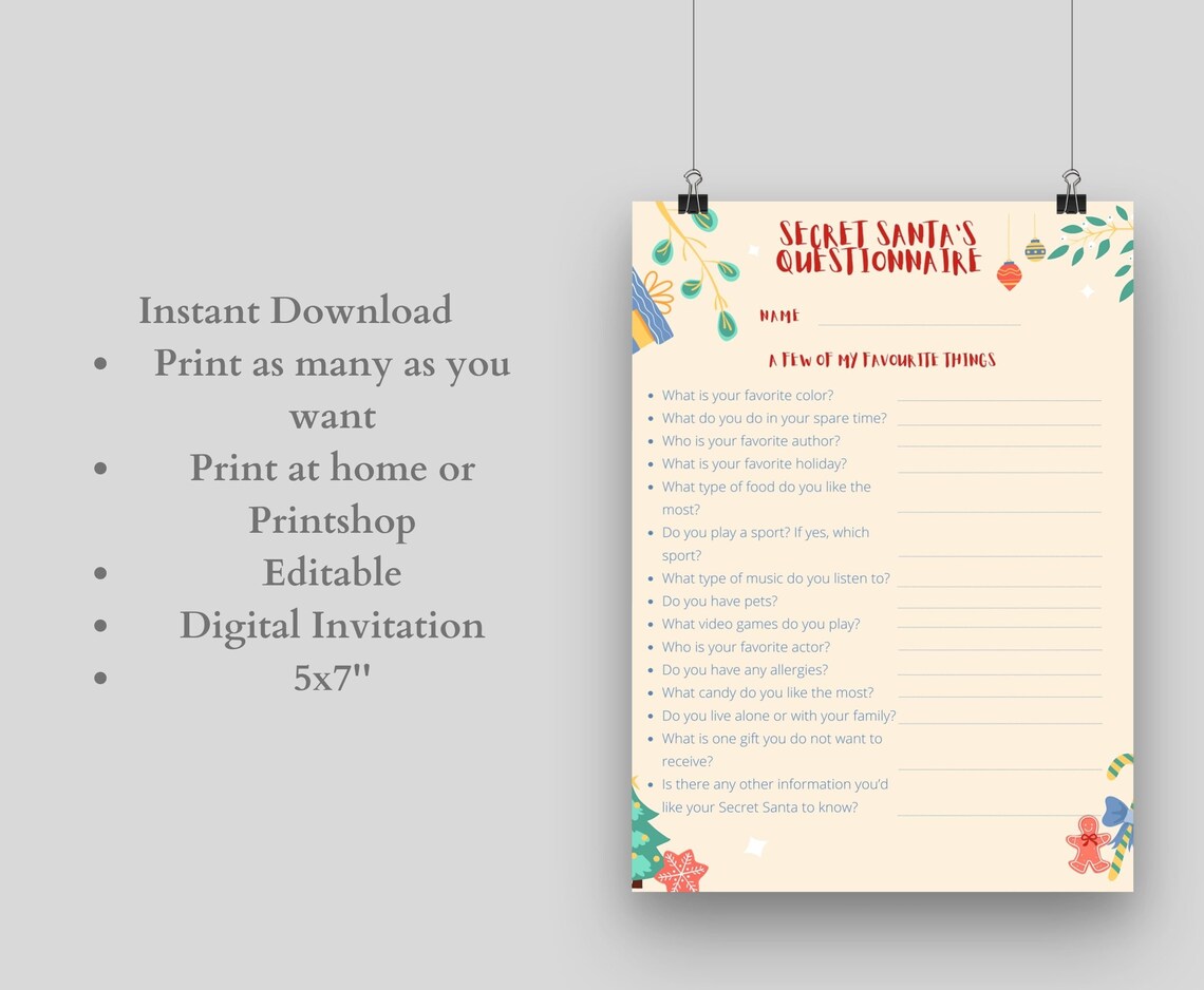 Secret Santa Questionnaire Gift Exchange Printable PDF - Etsy