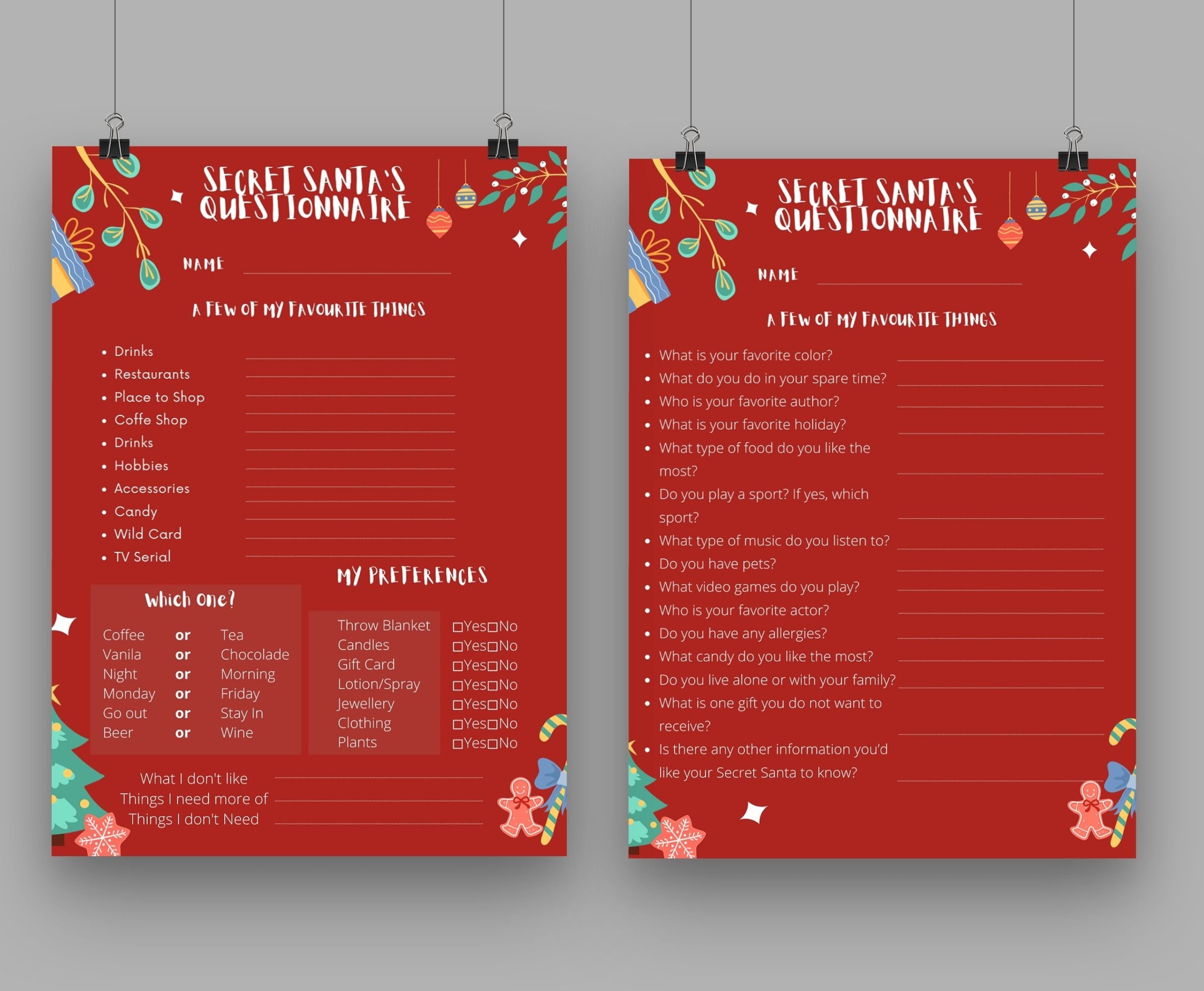 Secret Santa Questionnaire, Kids Secret Santa Questionnaire, Christmas ...