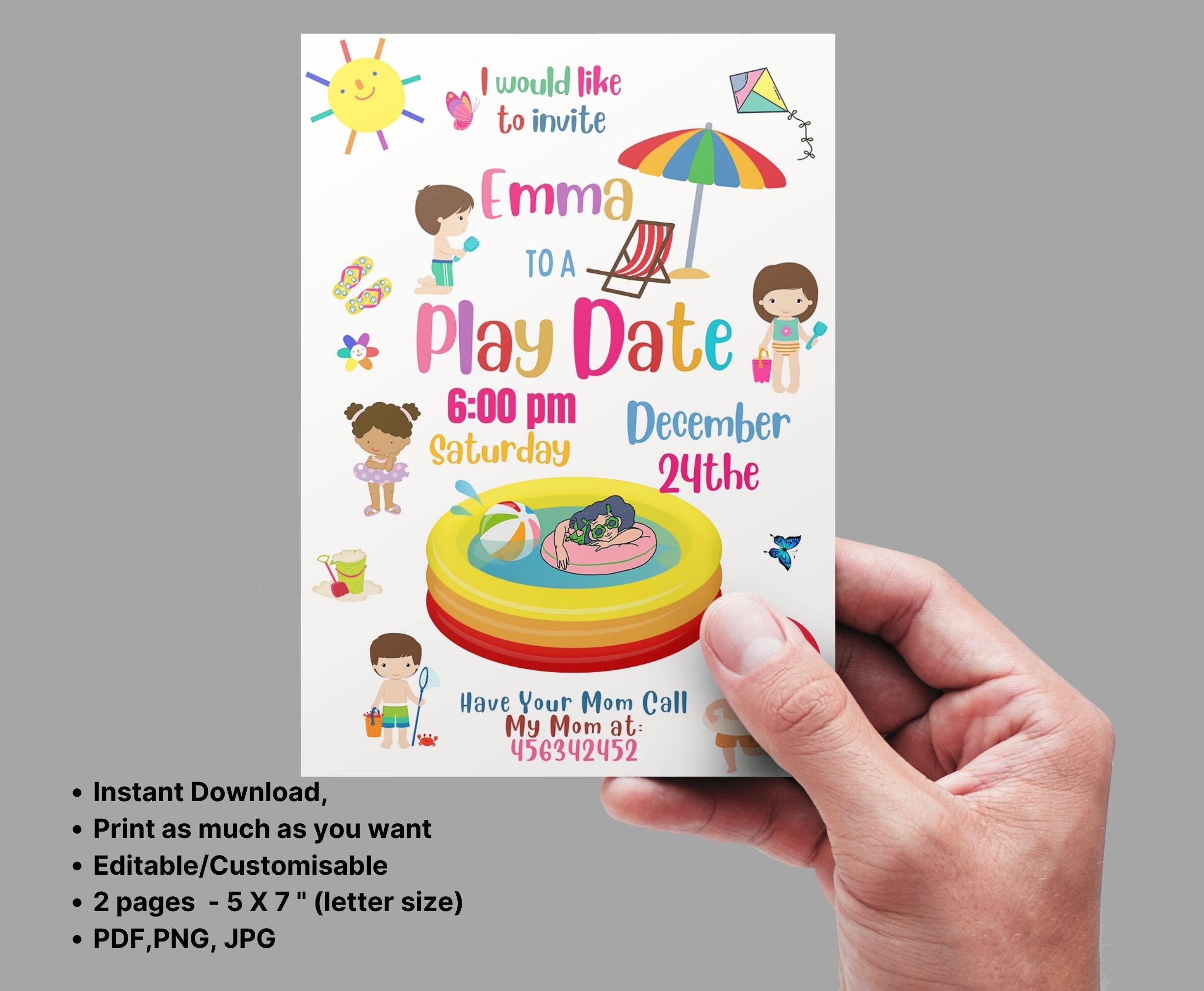 Summer Playdate Invitation, Let’s Play! Play Date Invitation Cards ...