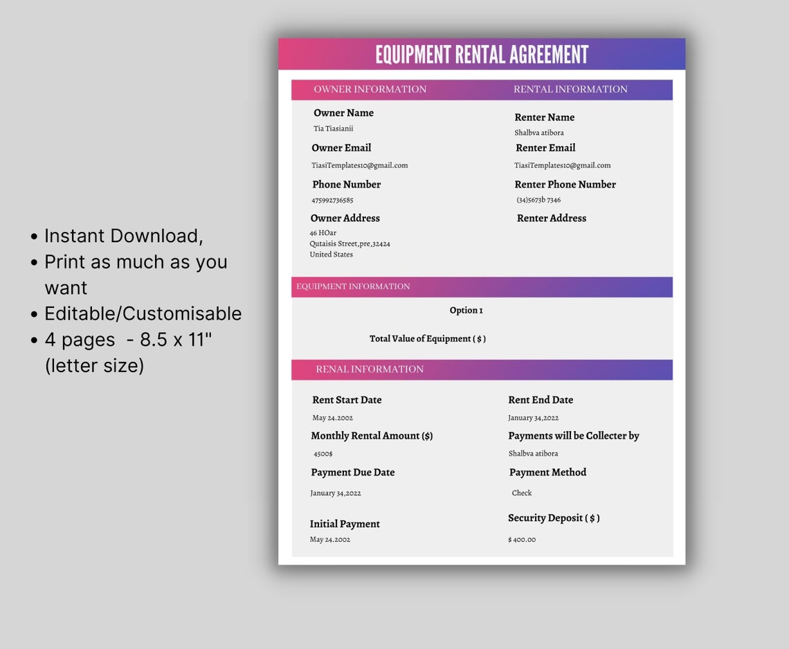 Equipment Rental Agreement Template, Equipment Rental Agreement Terms ...