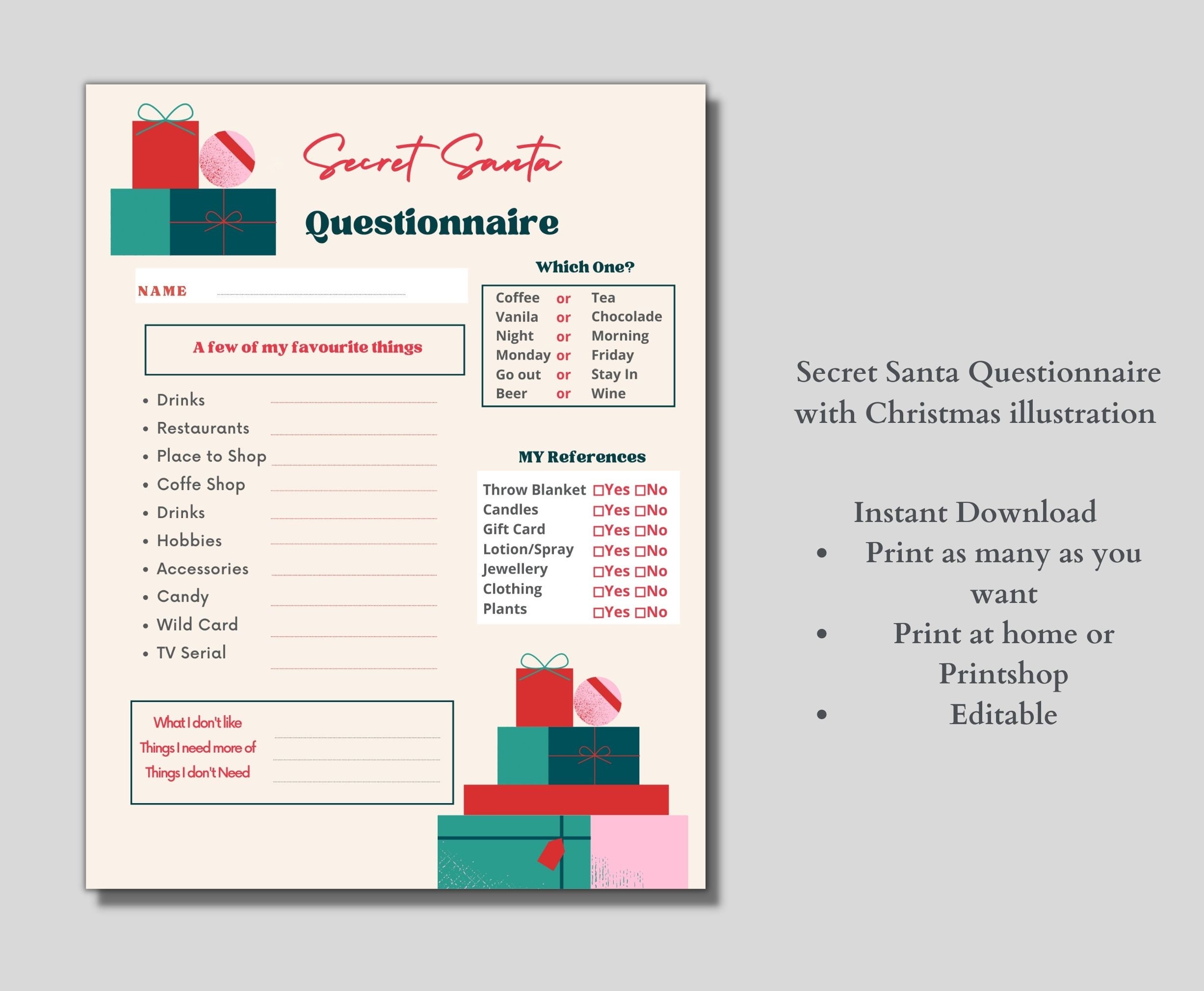 Secret Santa Questionnaire, Gift Exchange Printable PDF, Christmas ...