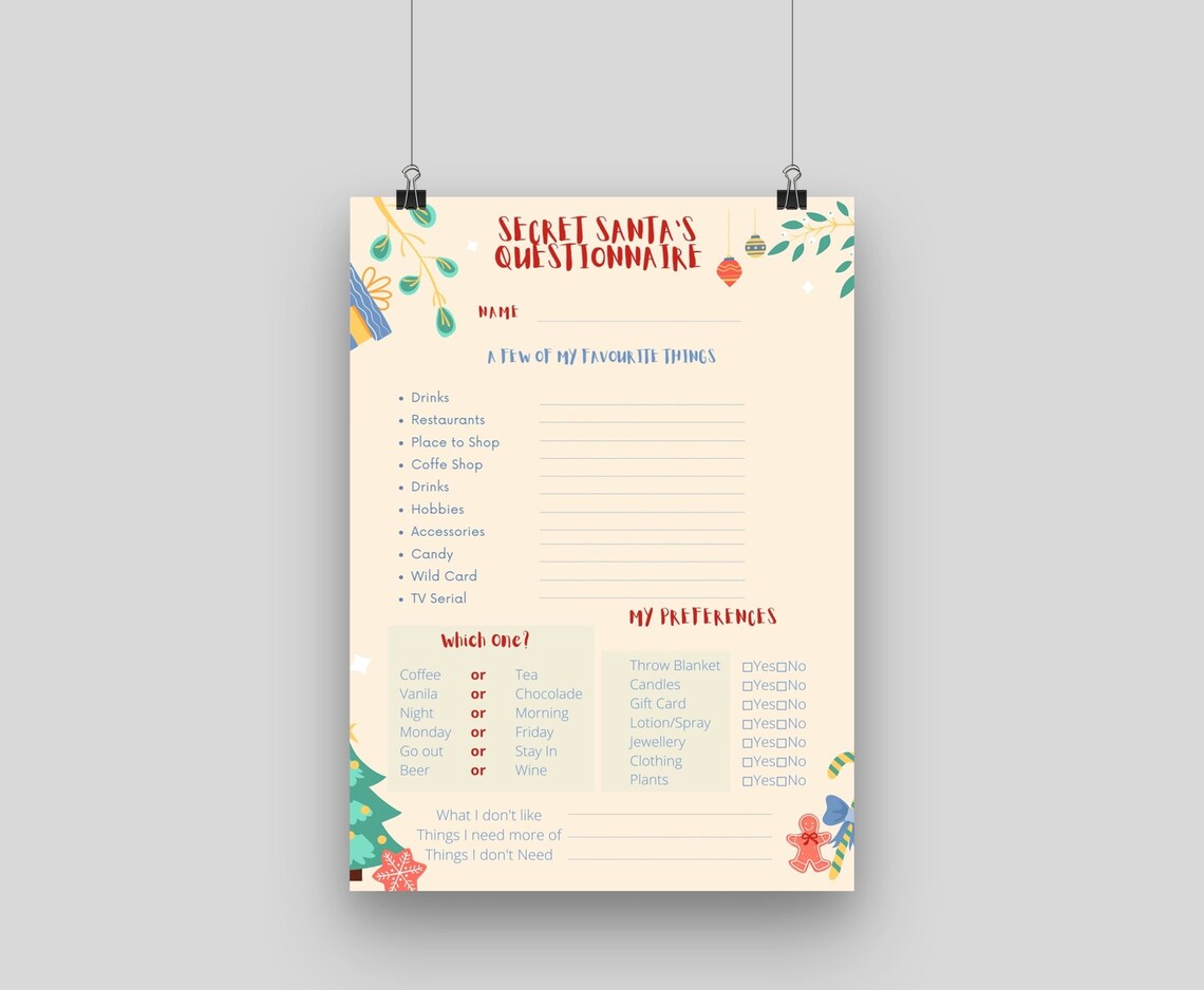 Secret Santa Questionnaire Gift Exchange Printable PDF - Etsy