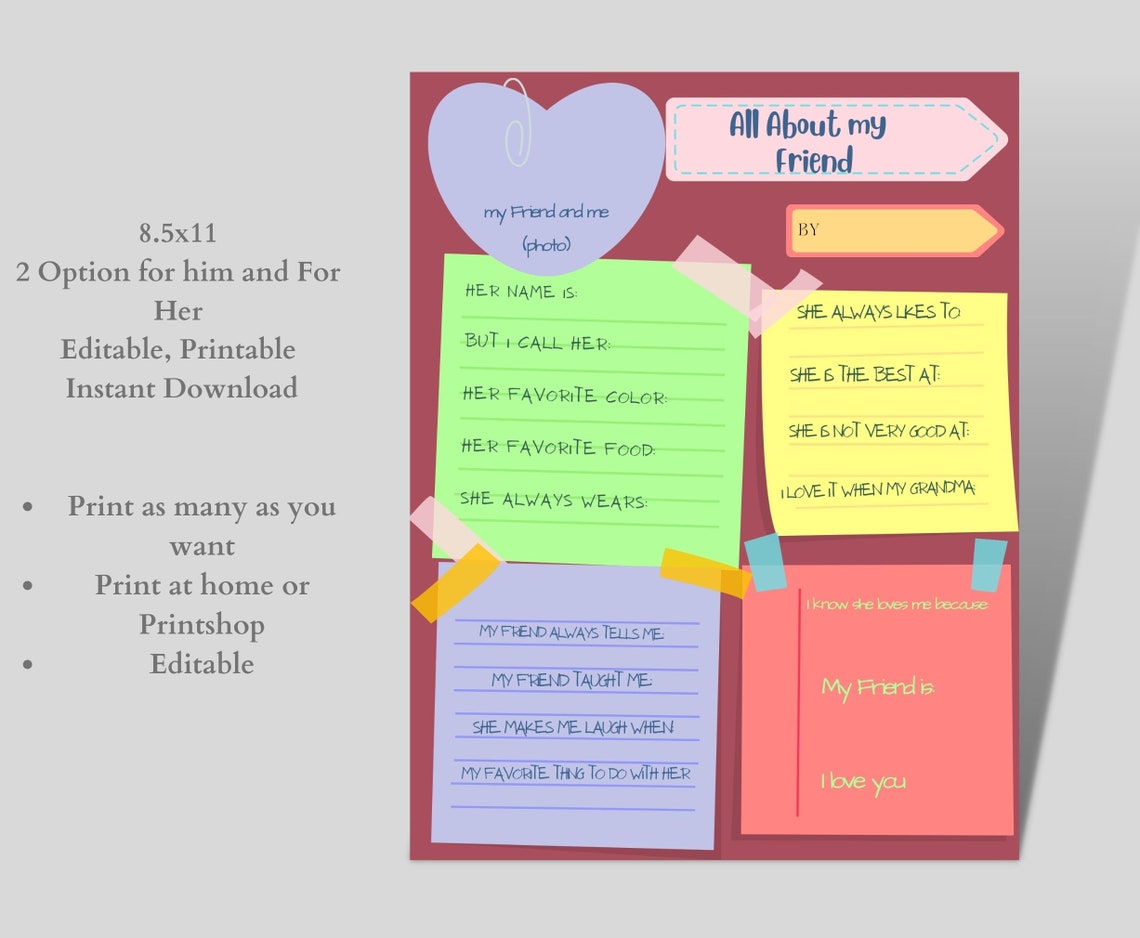 All About My Best Friend Worksheet Editable My All Friends - Etsy