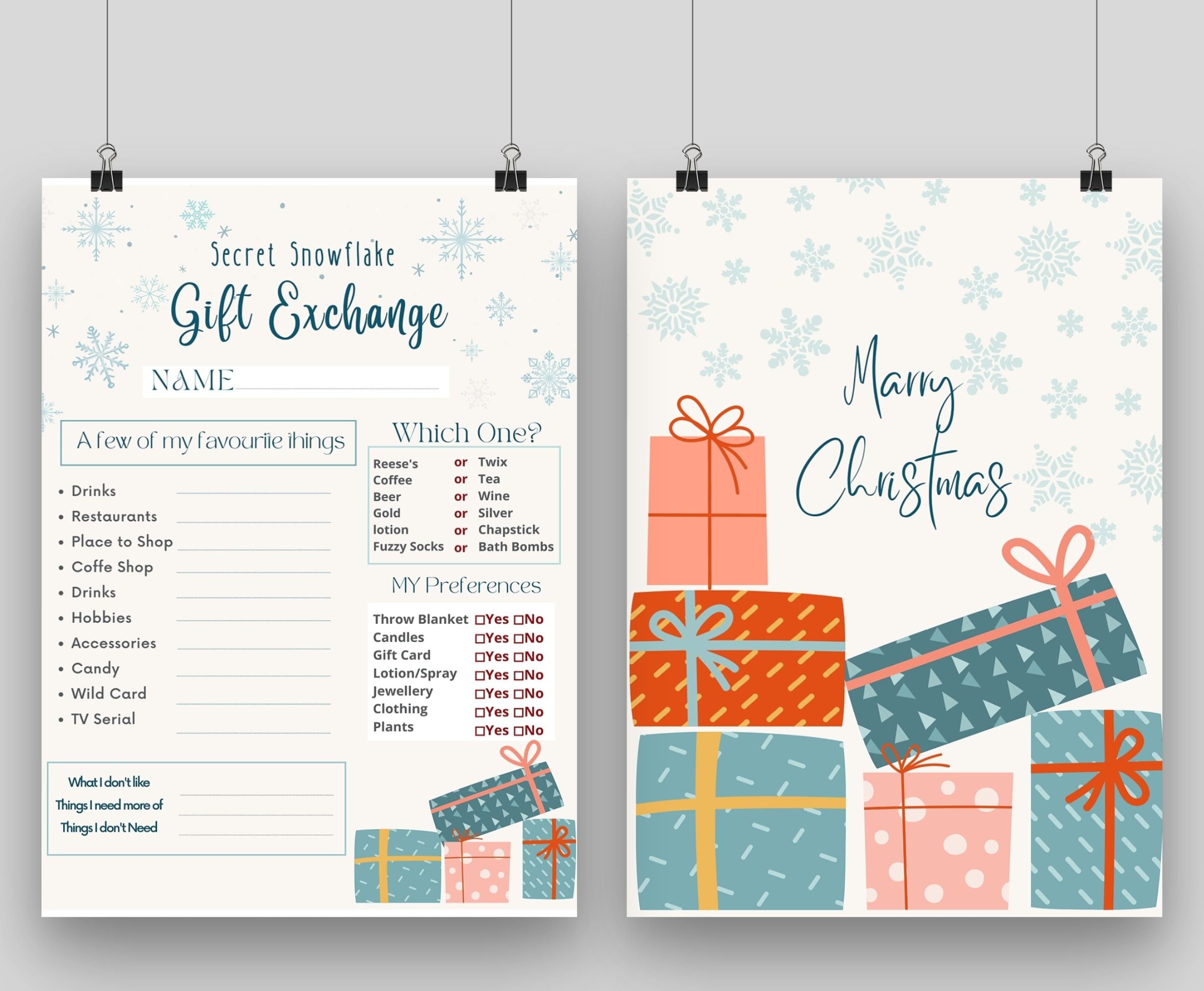 Secret Snowflake Gift Exchange Questionnaire, Secret Santa ...