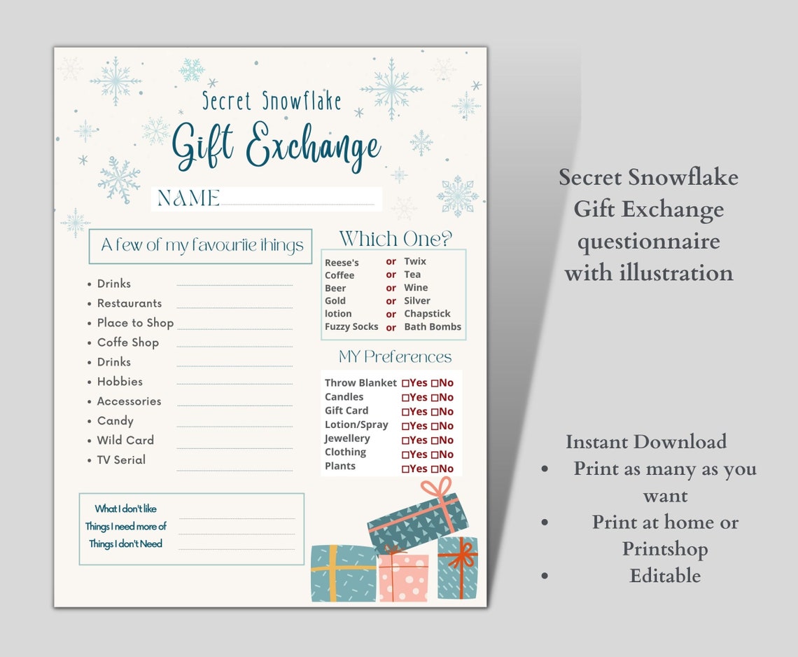 Secret Snowflake Gift Exchange Questionnaire, Secret Santa ...