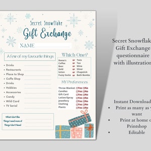 Secret Snowflake Gift Exchange Questionnaire, Secret Santa ...