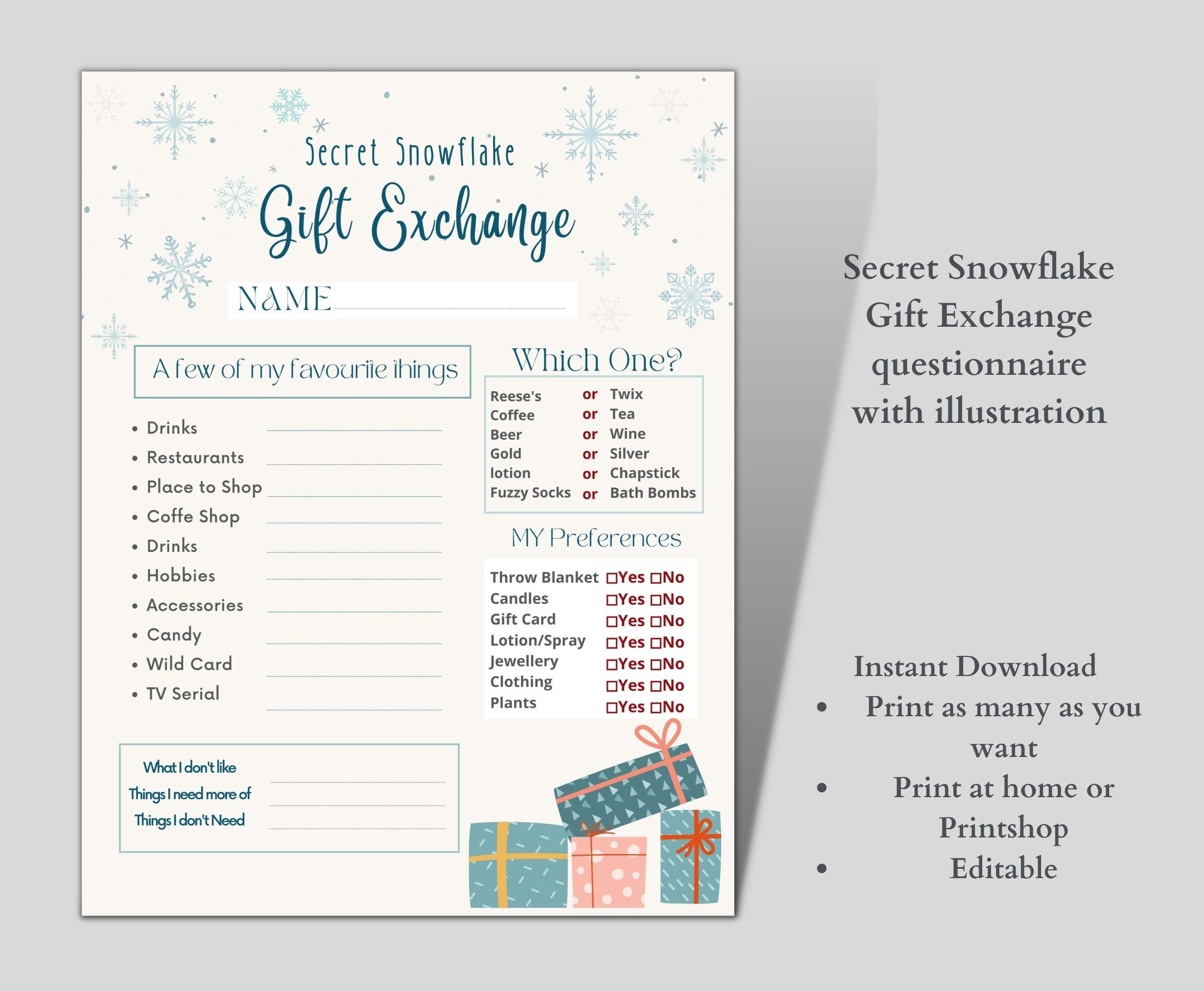 Secret Snowflake Gift Exchange Questionnaire, Secret Santa ...