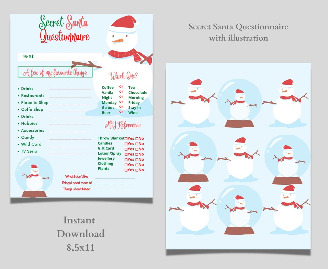 Secret Santa Questionnaire Gift Exchange Printable - Etsy