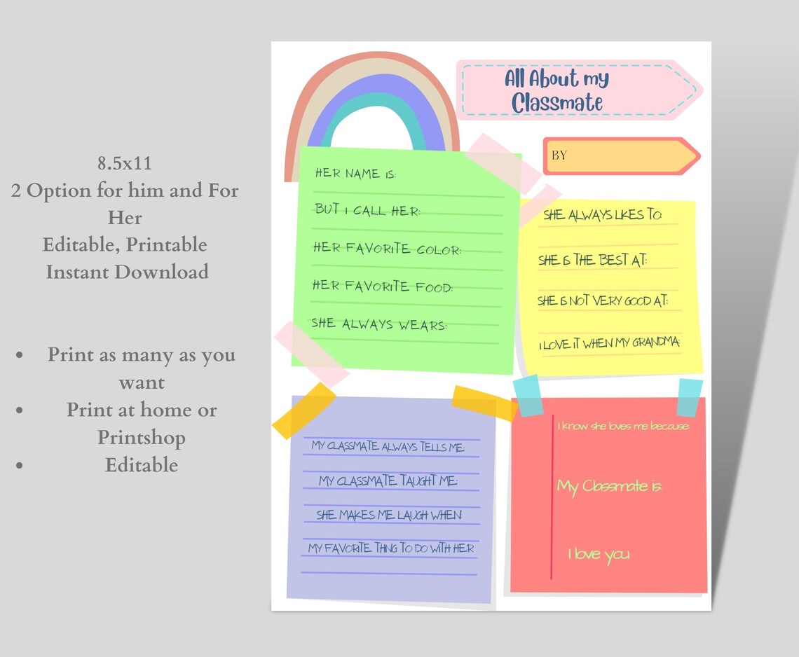 All About My Classmate All About My Best Friend Worksheet - Etsy