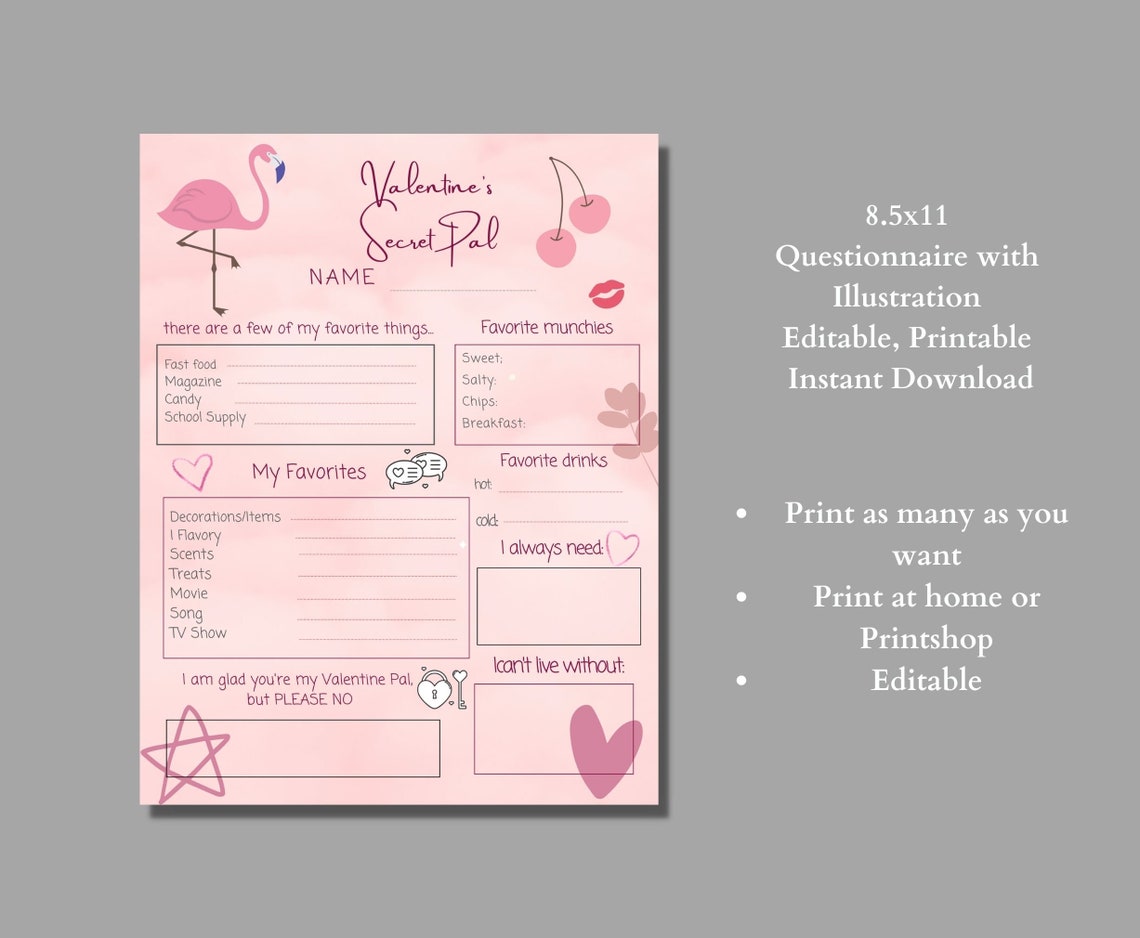 Valentine's Day Secret Pal Questionnaire, Printable Gift Exchange Wish ...