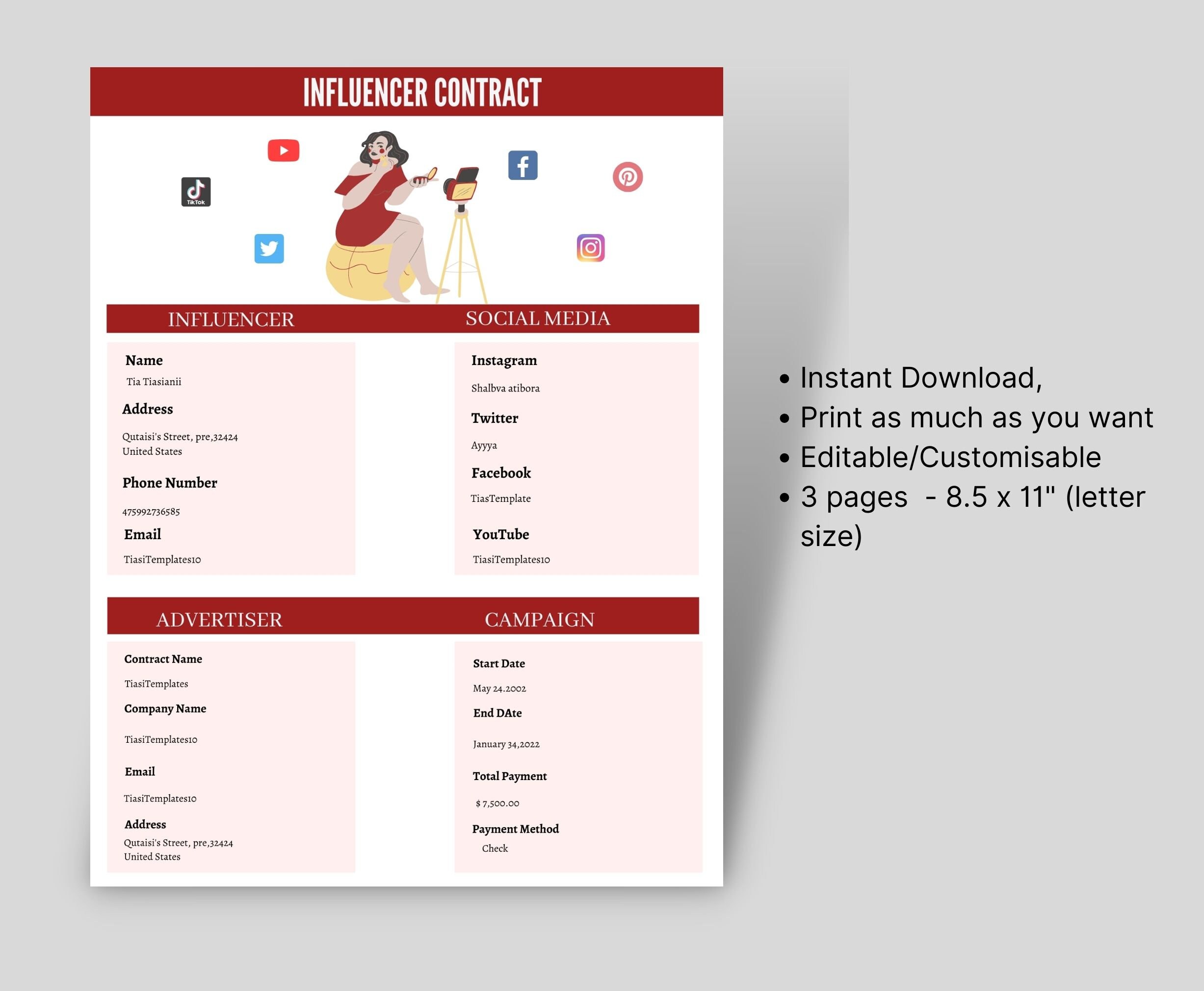 Influencer Contract Template, Influencer Agreement, Brand Ambassador ...