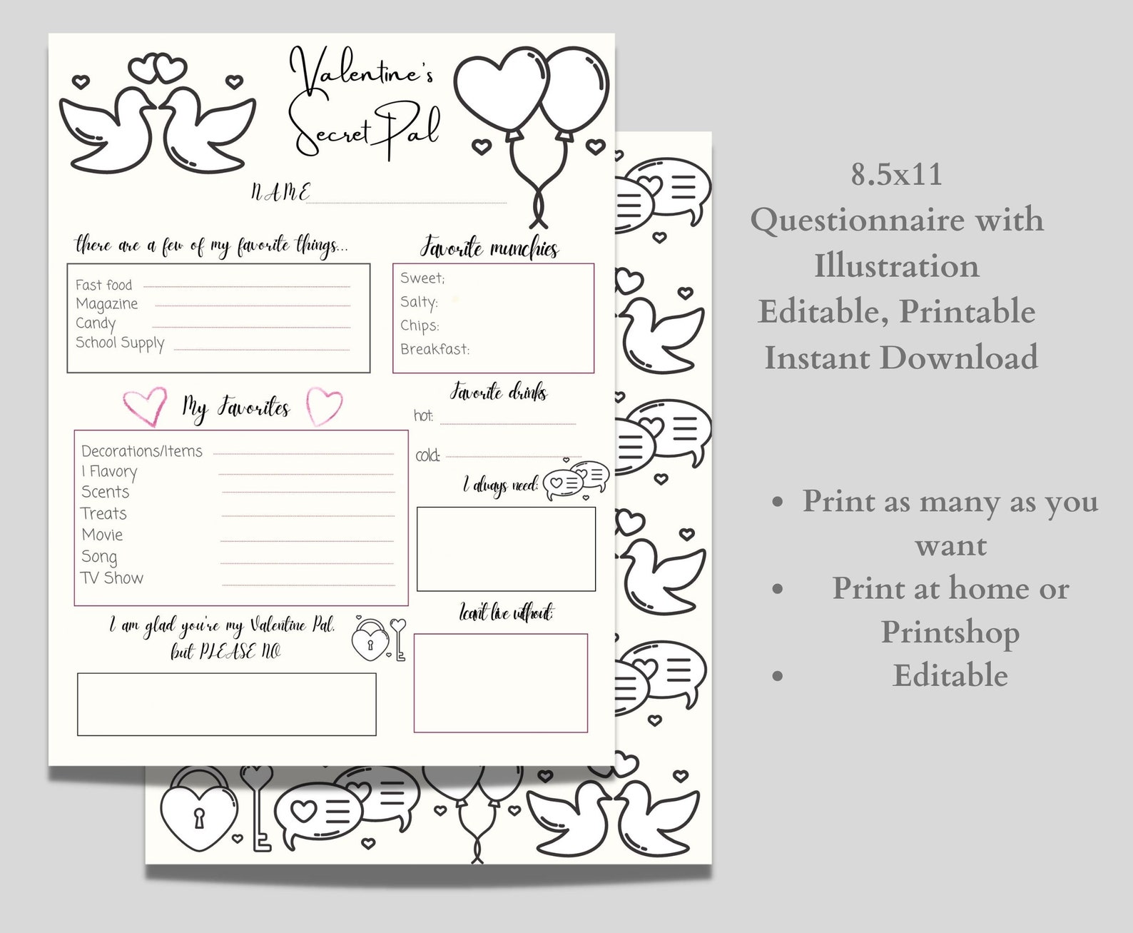 Valentine's Day Secret Pal Questionnaire, Printable Gift Exchange Wish ...