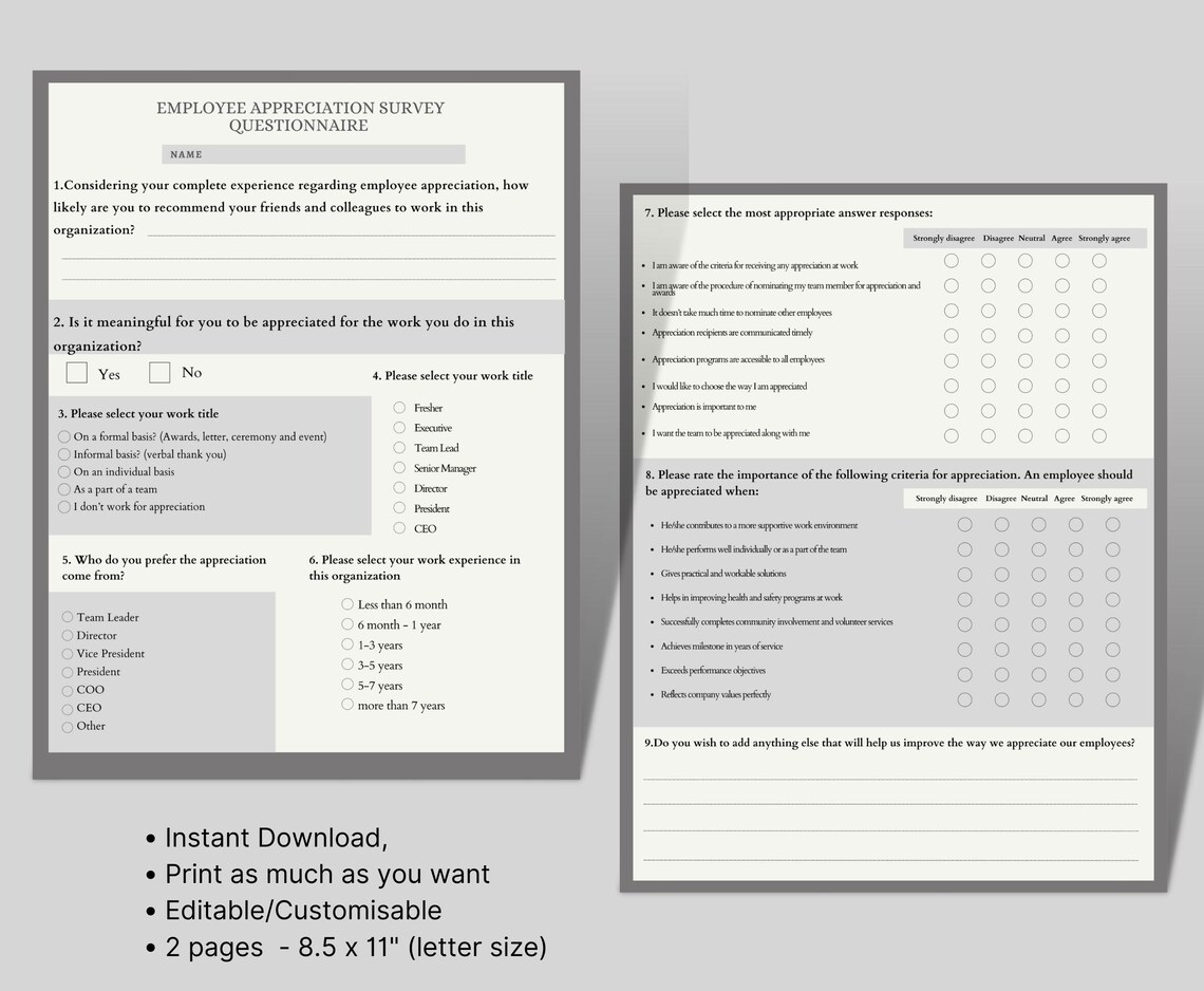 Employee Appreciation Survey Questionnaire Employee Evaluation Surveys ...
