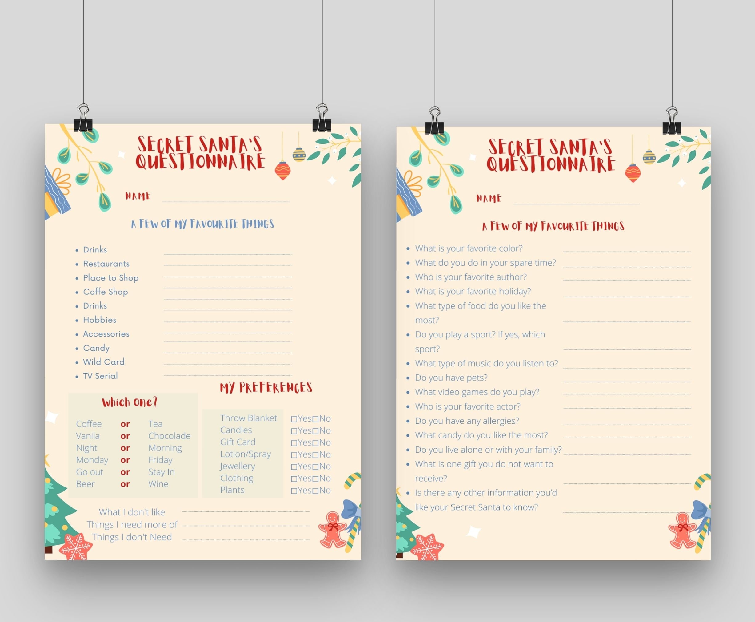 Secret Santa Questionnaire, Gift Exchange Printable PDF, Christmas ...