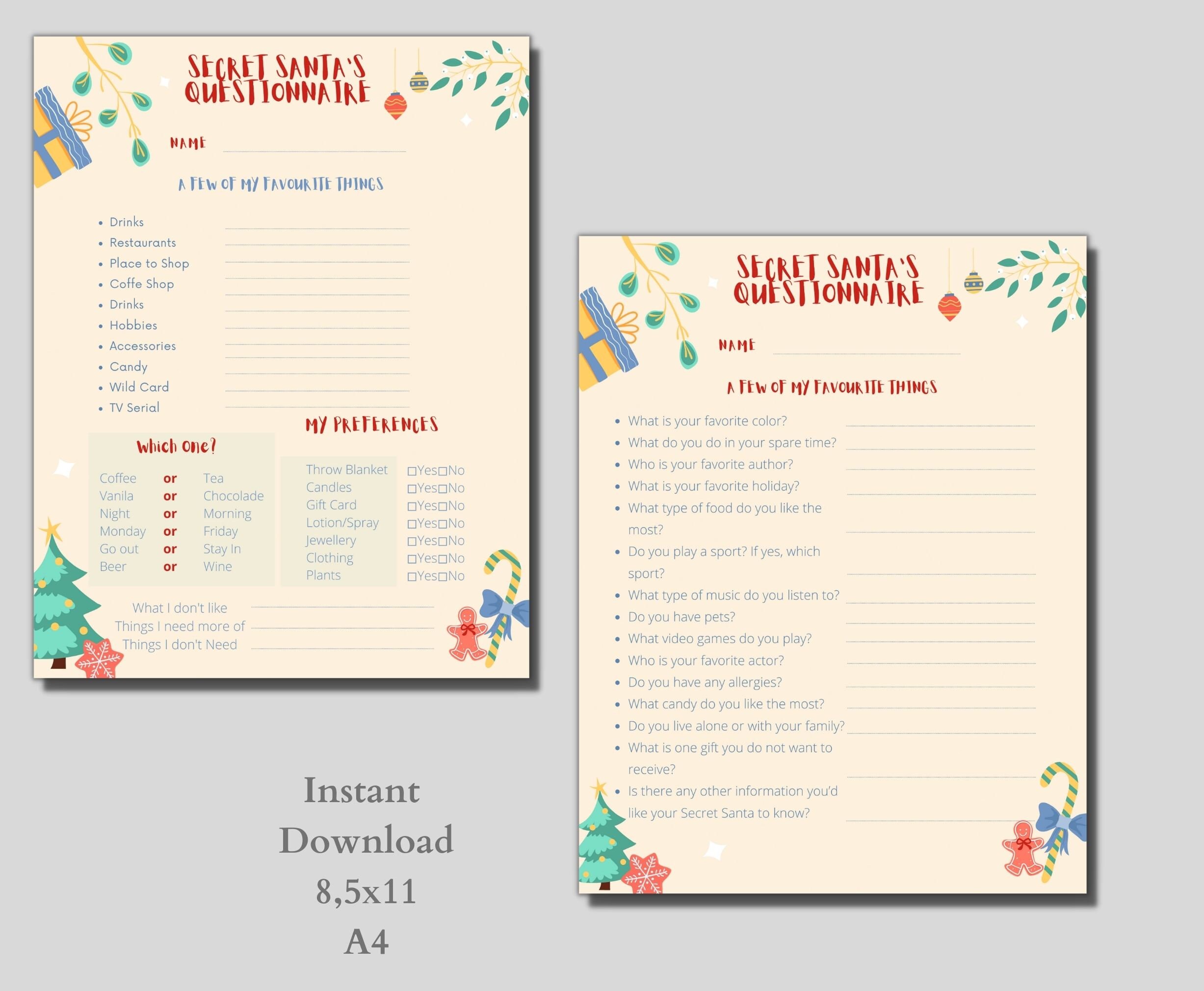 Secret Santa Questionnaire, Gift Exchange Printable PDF, Christmas ...