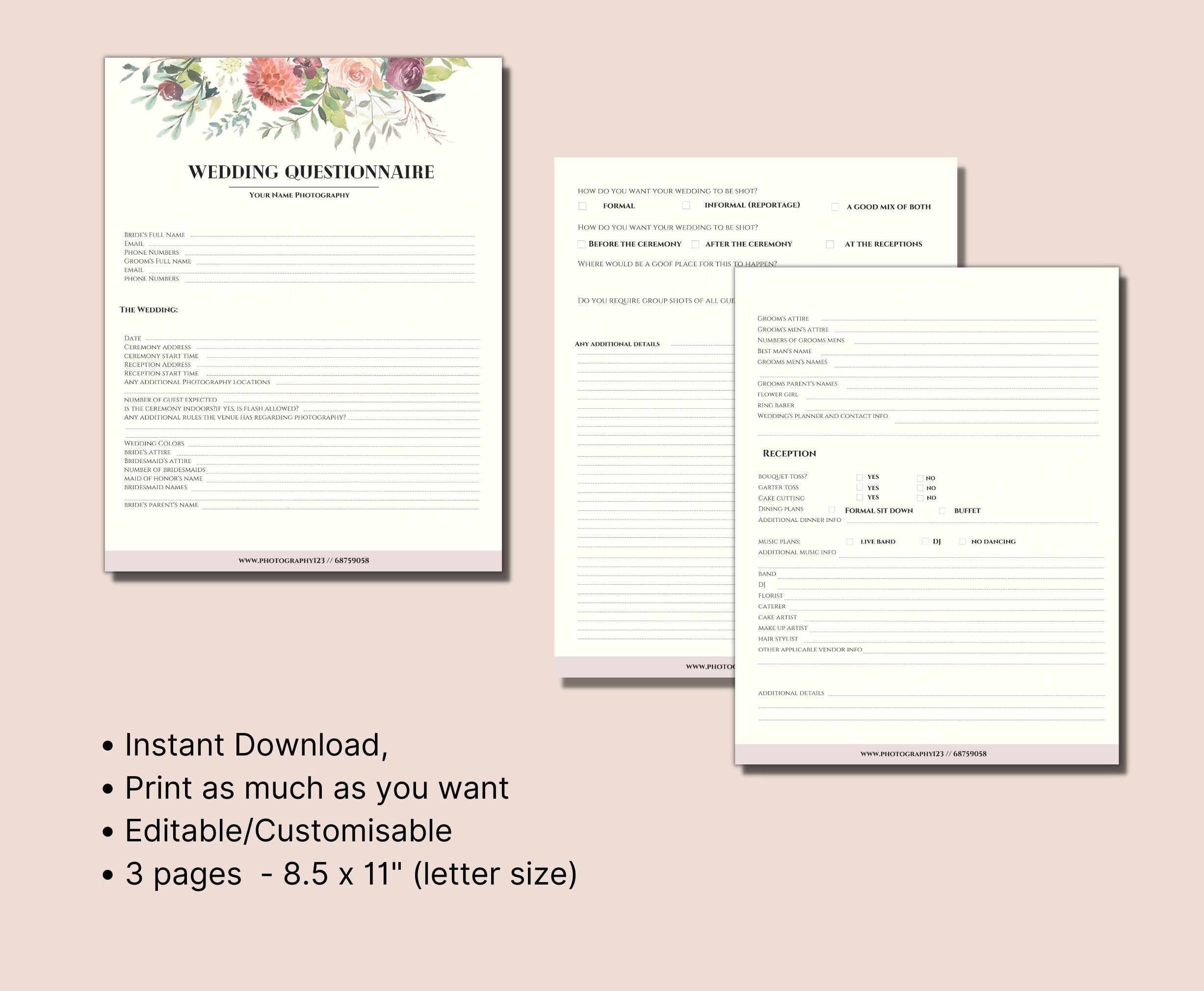 Wedding Photography Questionnaire Template - Pre Wedding Consultation ...