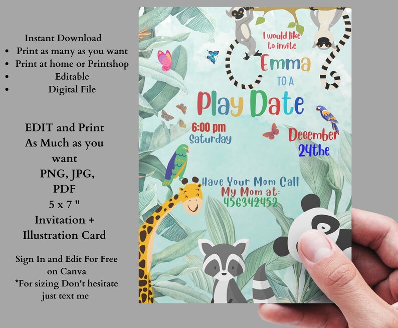 Playdate Invitation Template Editable Printable Playdate Card, Play ...