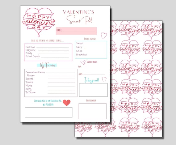 Valentine's Day Secret Pal Questionnaire Printable Gift | Etsy