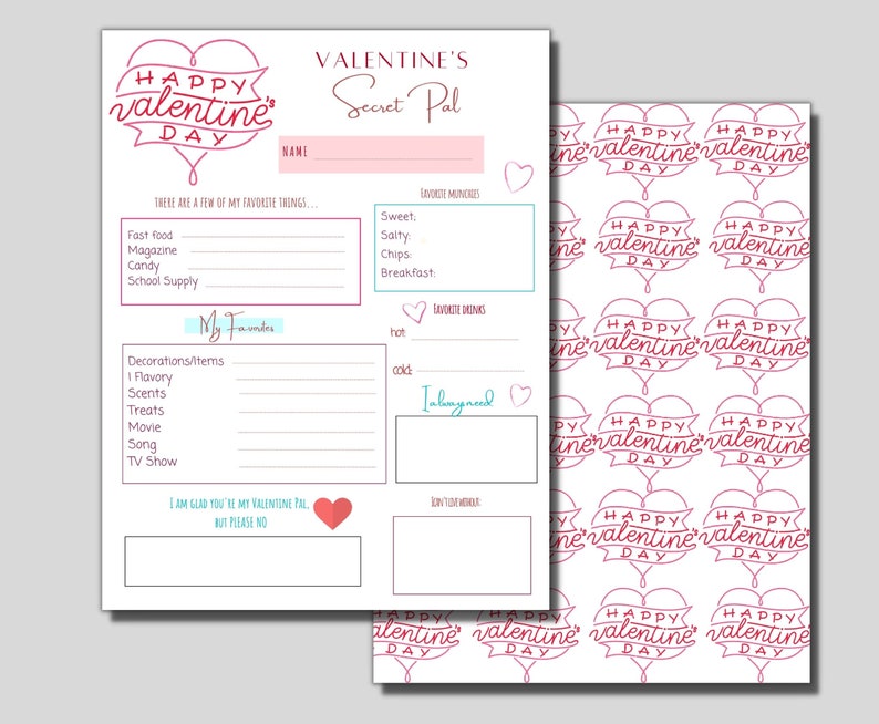 Valentine's Day Secret Pal Questionnaire, Printable Gift Exchange Wish ...