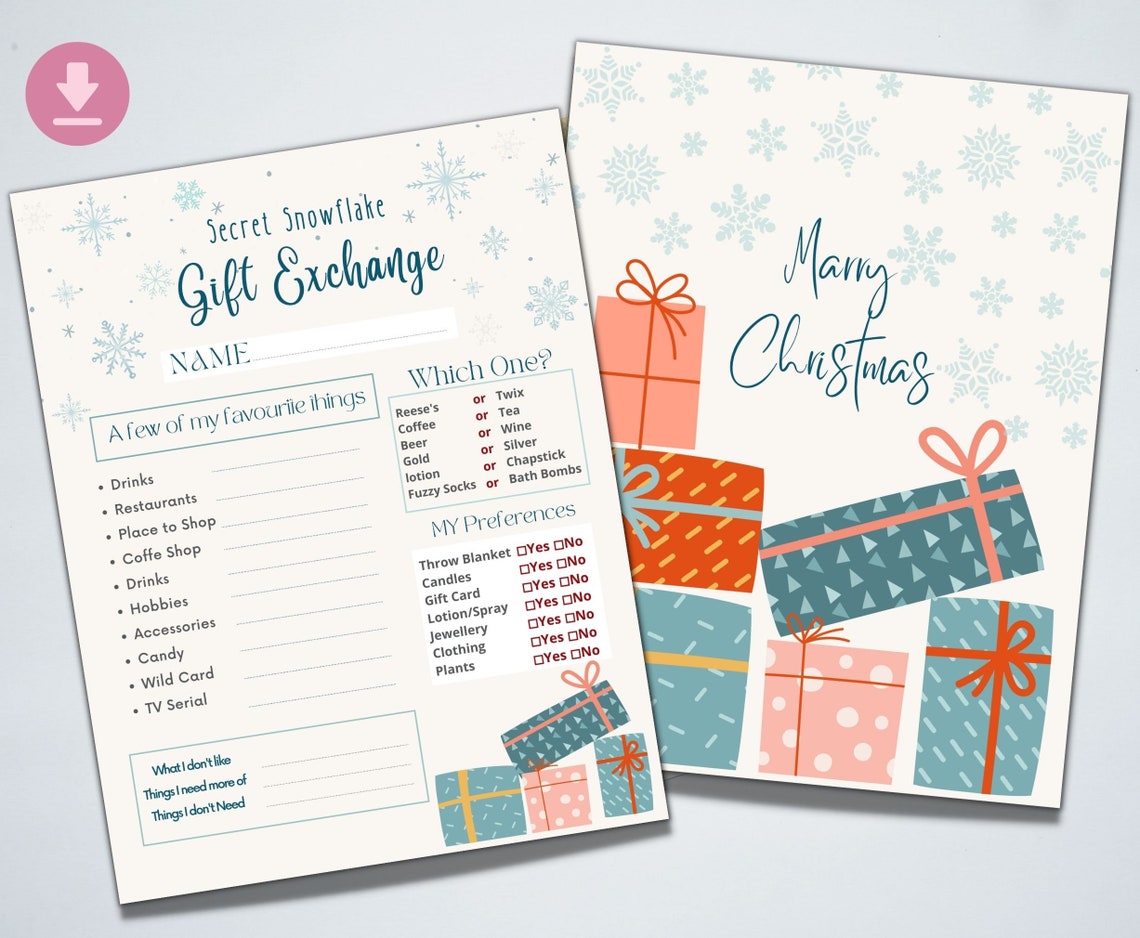Secret Snowflake Gift Exchange Questionnaire, Secret Santa ...