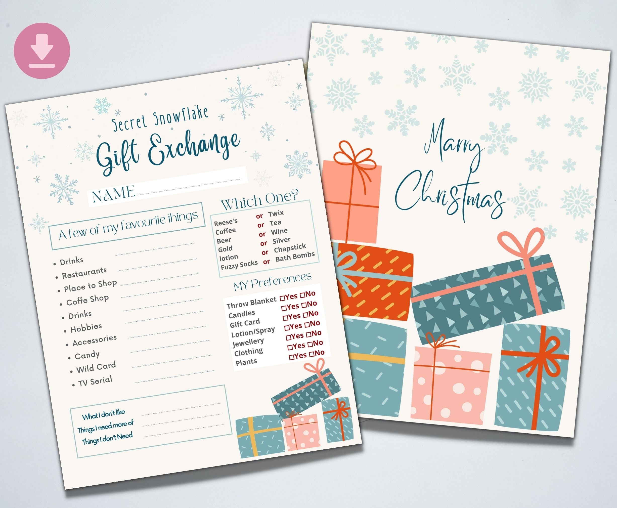 Secret Snowflake Gift Exchange Questionnaire, Secret Santa ...