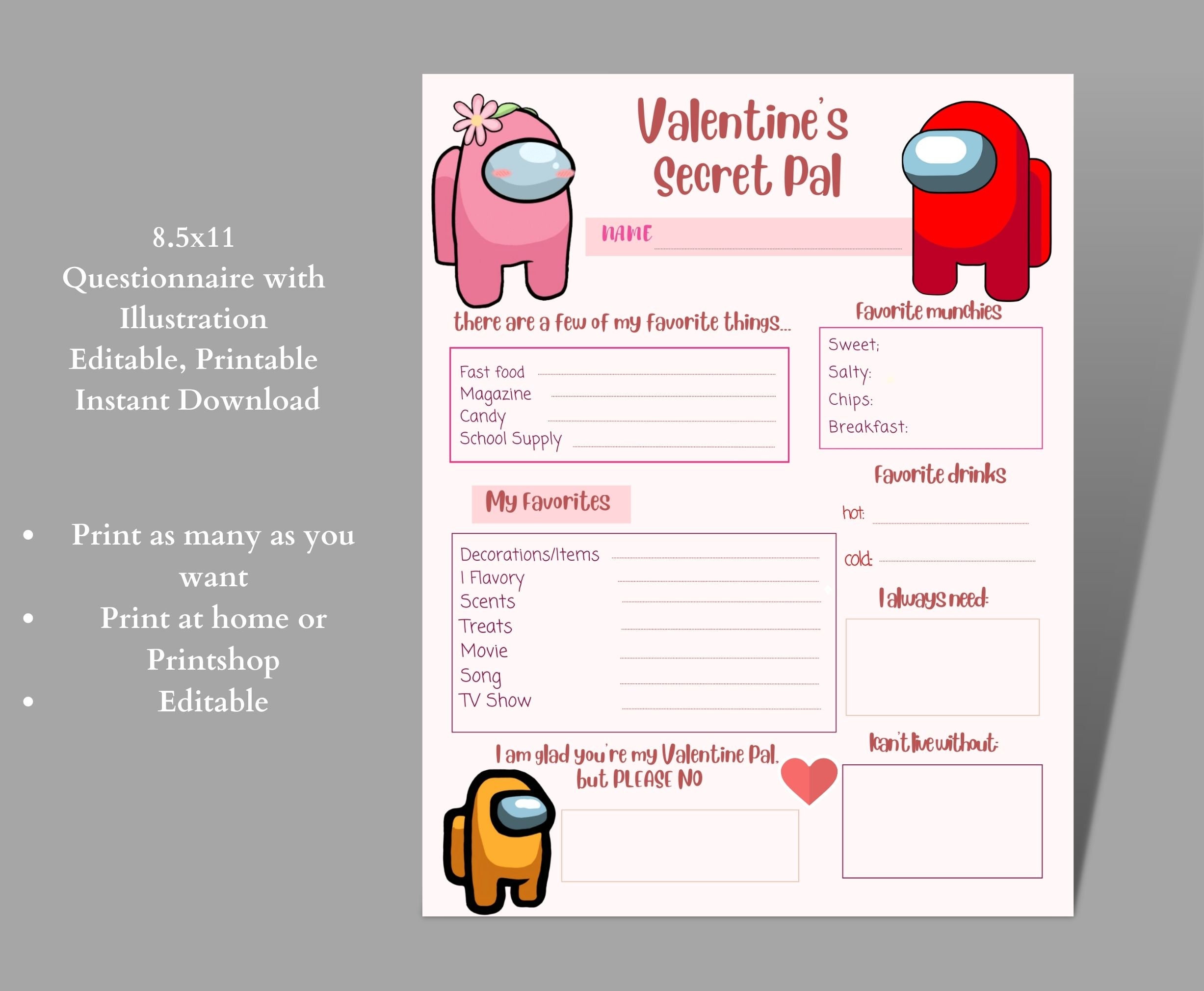 Valentine's Day Secret Pal Questionnaire, Among Us, Gift Exchange Wish ...
