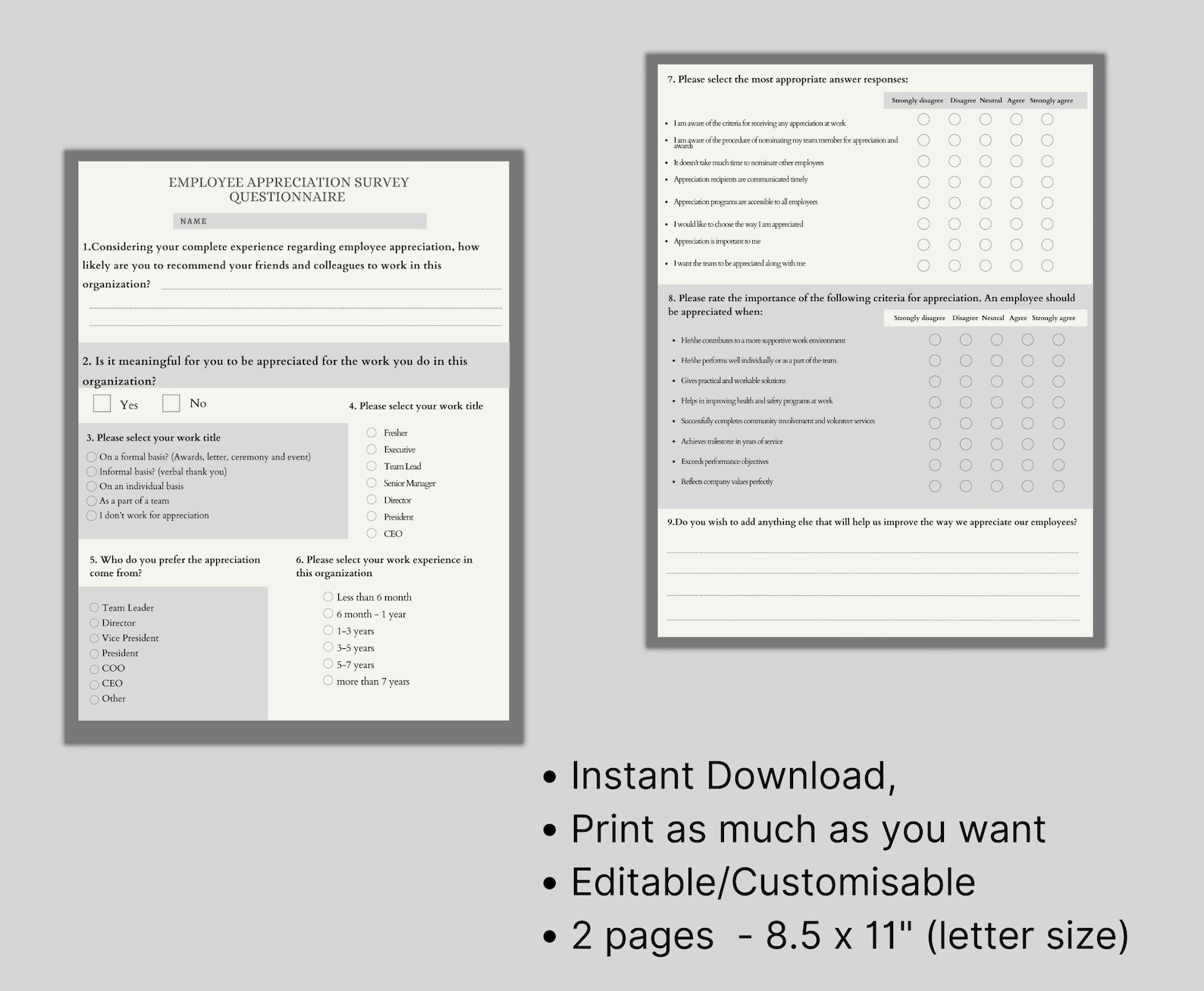 Employee Appreciation Survey Questionnaire Employee Evaluation Surveys ...