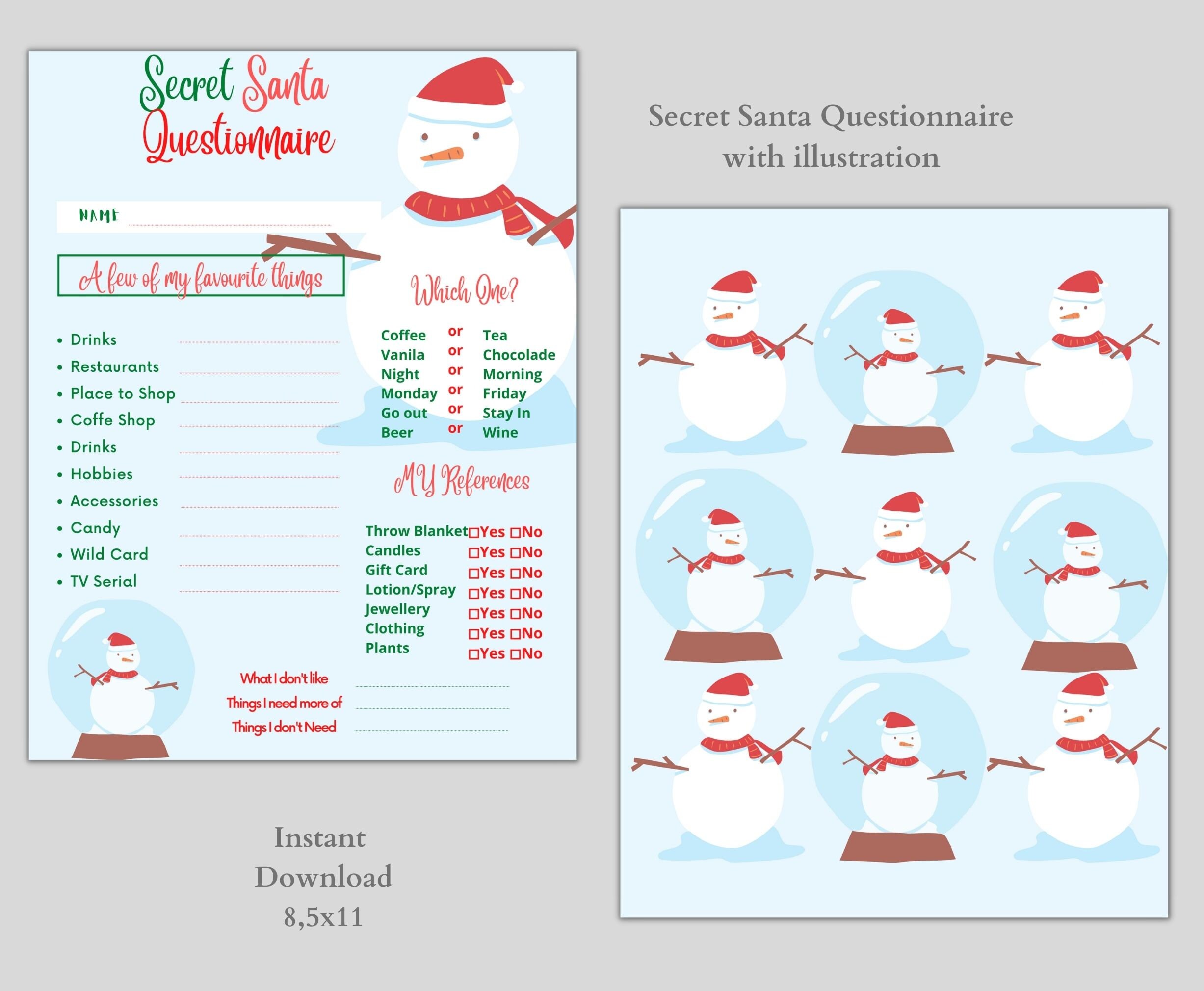 Secret Santa Questionnaire, Gift Exchange Printable Pdf,christmas Party ...