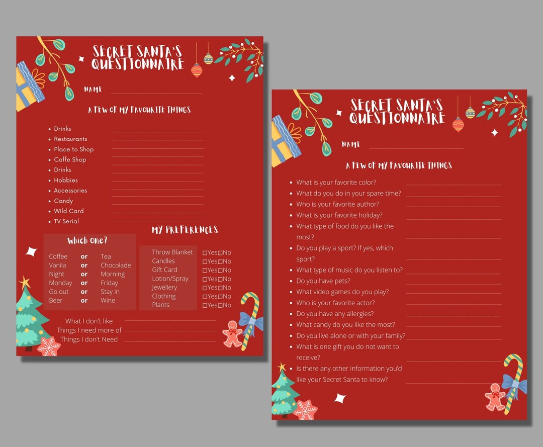 Secret Santa Questionnaire, Kids Secret Santa Questionnaire, Christmas ...