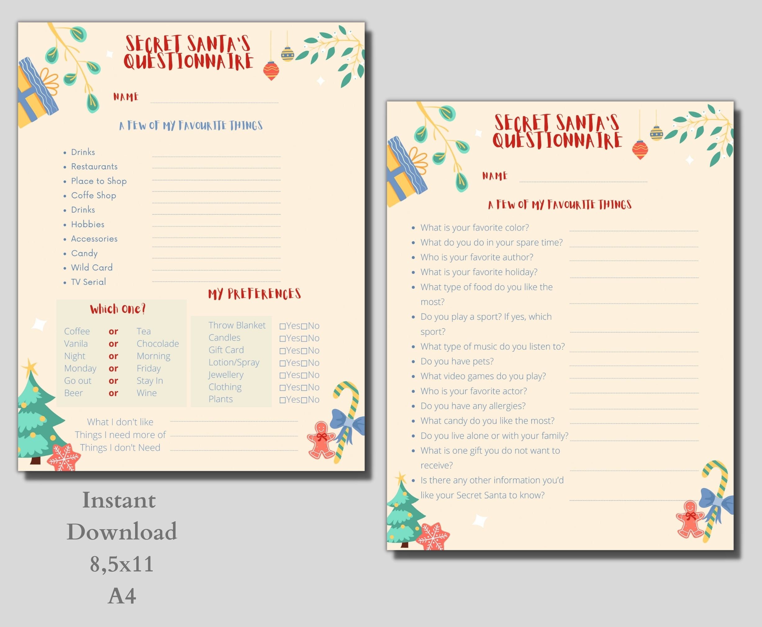 Secret Santa Questionnaire, Gift Exchange Printable PDF, Christmas ...
