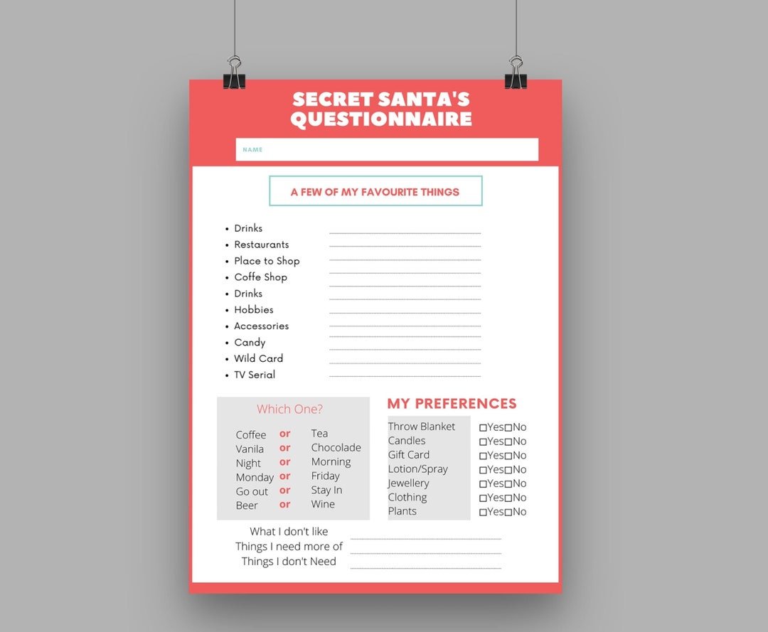 Secret Santa Questionnaire, Gift Exchange Printable PDF, Christmas ...