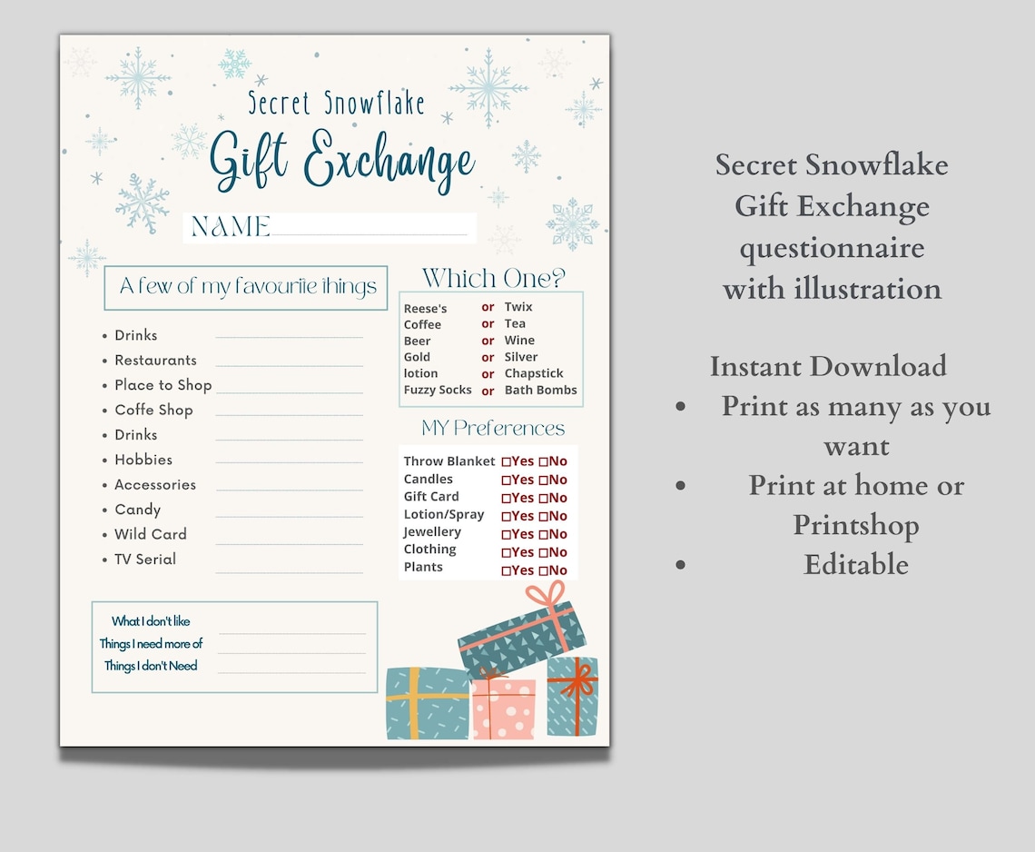 Secret Snowflake Gift Exchange Questionnaire Secret Santa - Etsy Canada