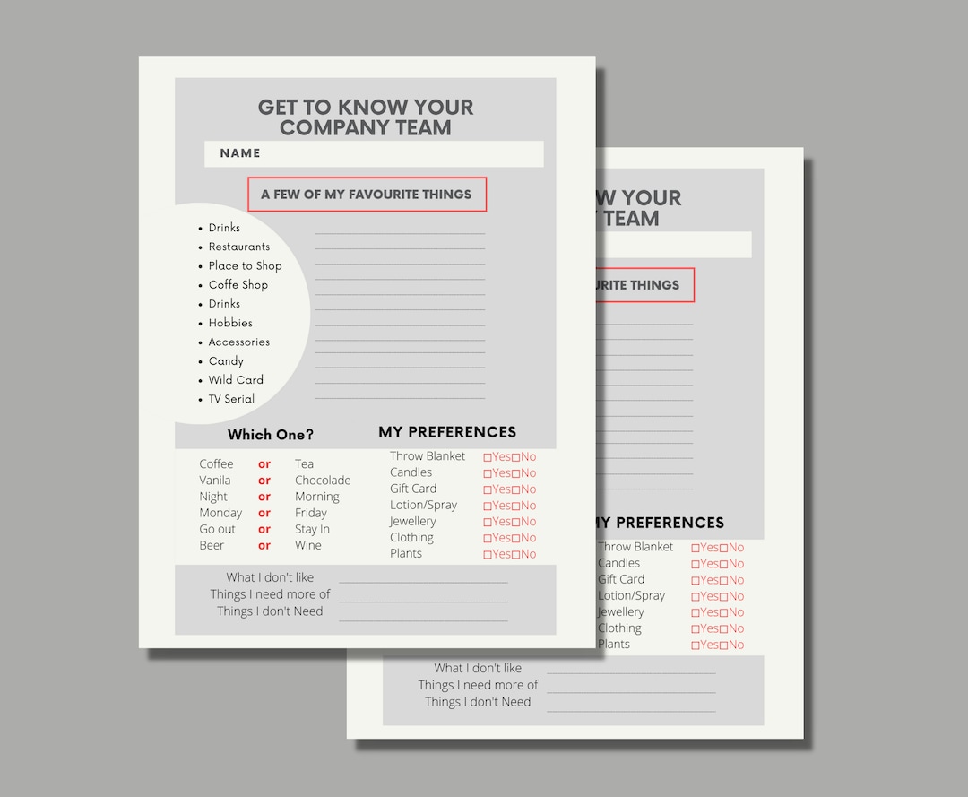 Employee Favorites List Questionnaire, Get to Know Employee, Employee ...