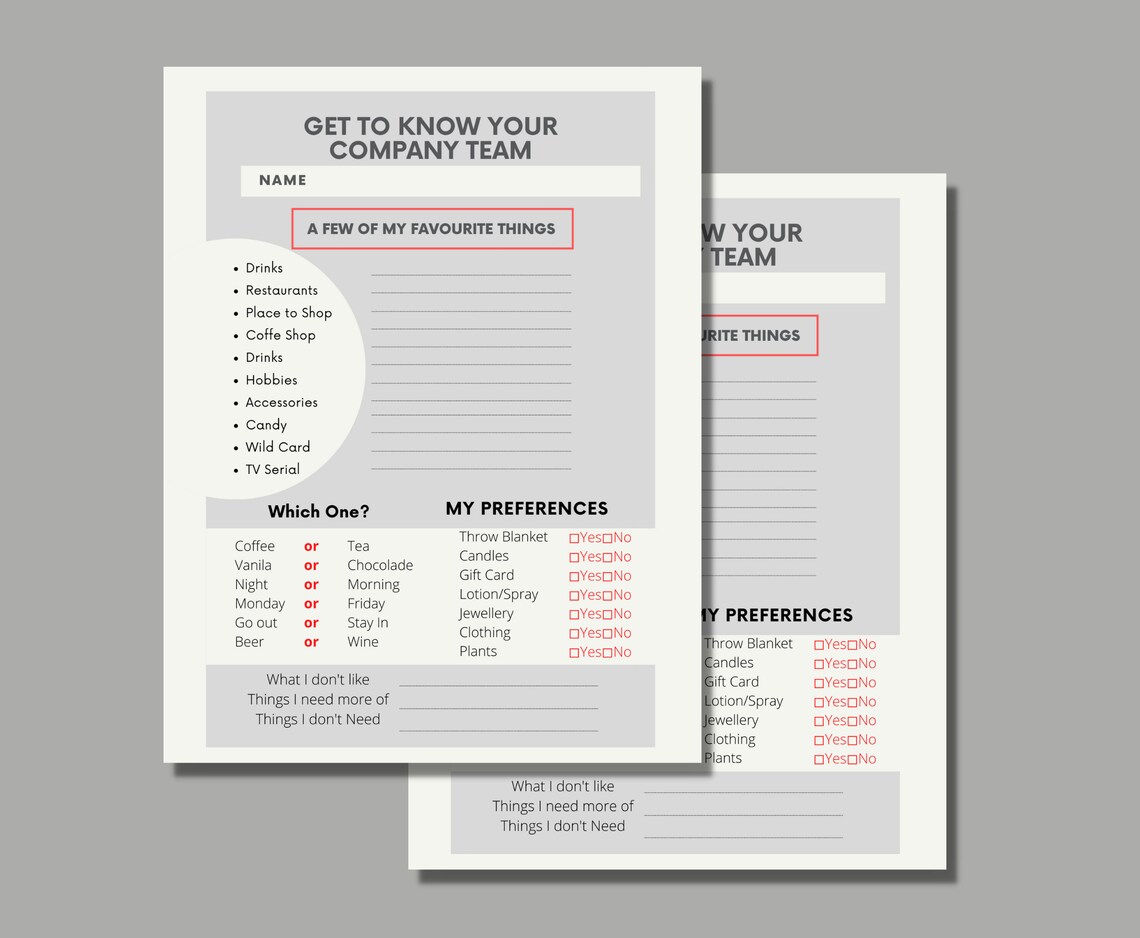 Employee Favorites List Questionnaire, Get to Know Employee, Employee ...