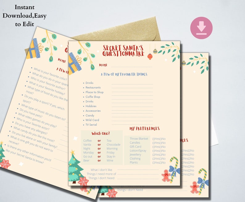 Secret Santa Questionnaire, Gift Exchange Printable PDF, Christmas ...