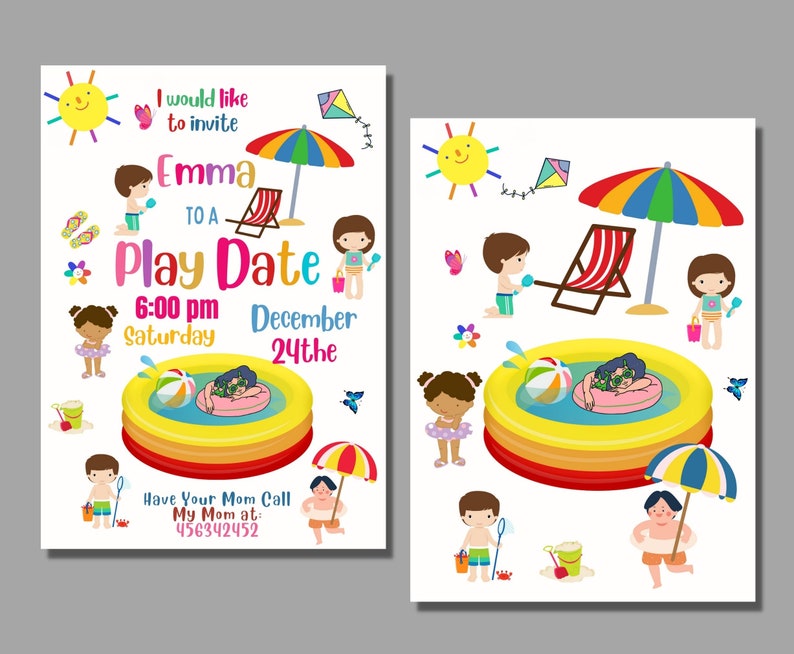 Summer Playdate Invitation, Let’s Play! Play Date Invitation Cards, Pool Party Invitation. Pool ...