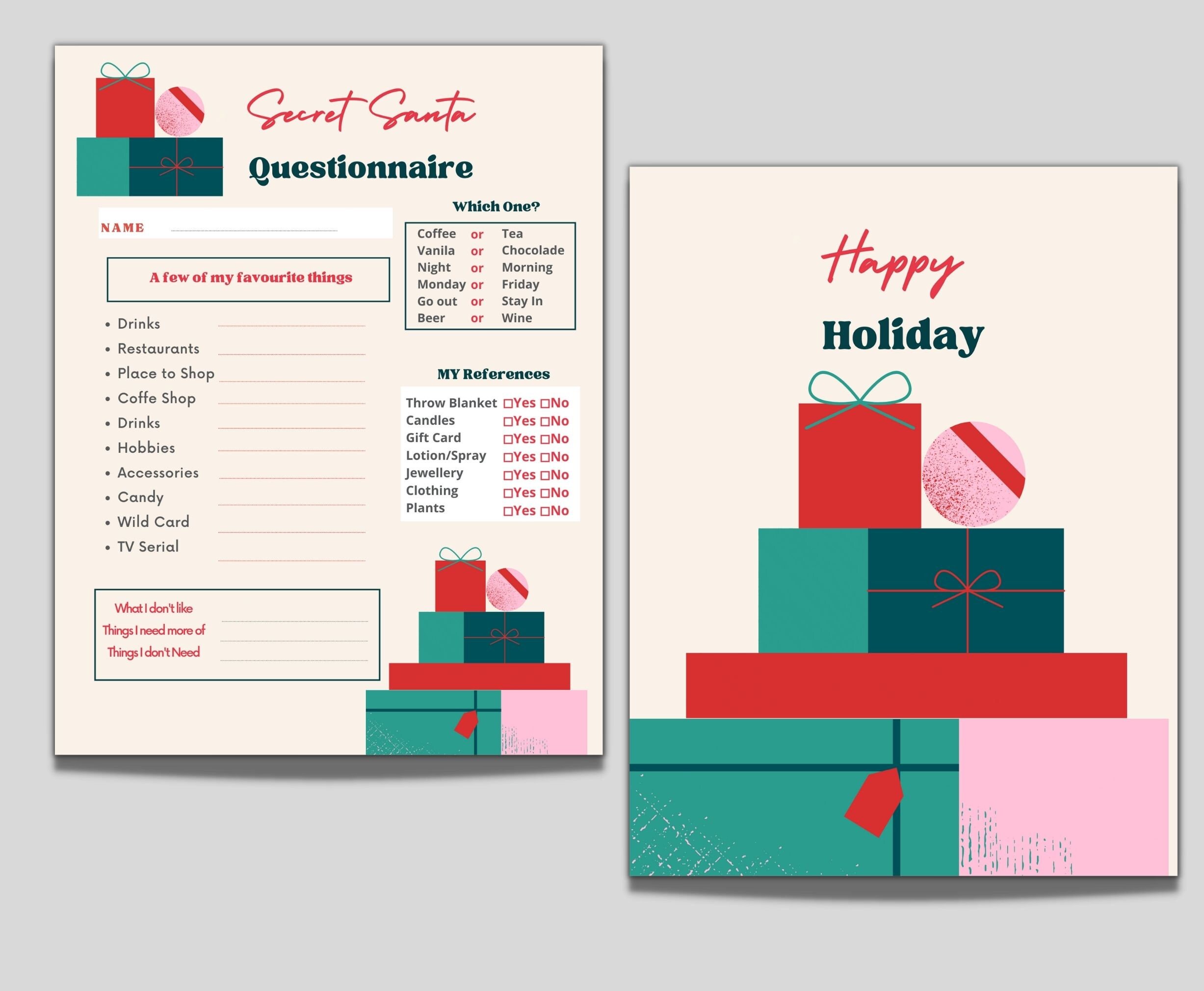 Secret Santa Questionnaire, Gift Exchange Printable PDF, Christmas ...