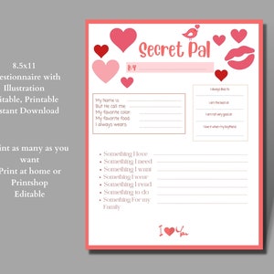 Valentine's Day Secret Pal Questionnaire, Printable Gift Exchange Wish ...