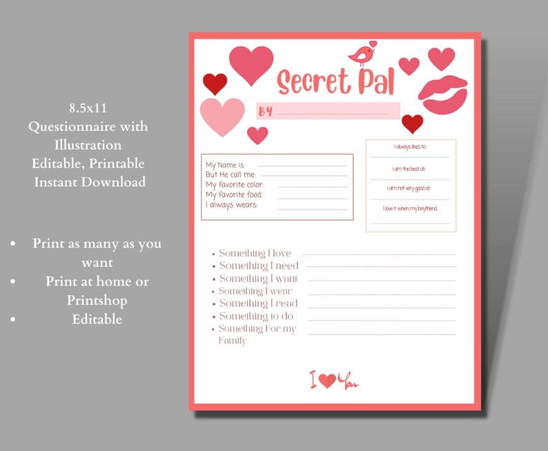 Valentine's Day Secret Pal Questionnaire, Printable Gift Exchange Wish ...