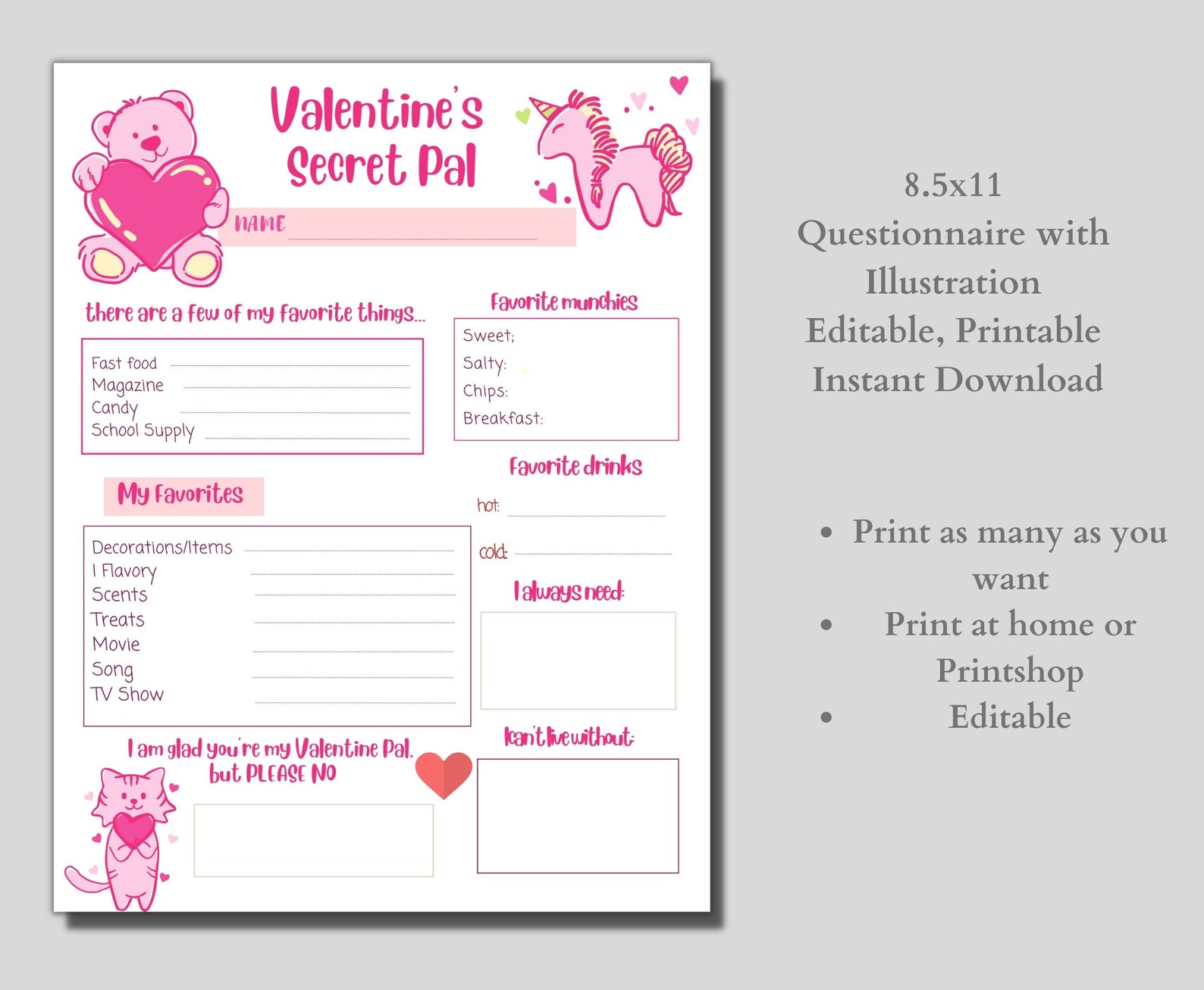 Valentine's Day Secret Pal Questionnaire, Printable Gift Exchange Wish ...