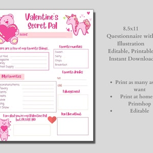Valentine's Day Secret Pal Questionnaire, Printable Gift Exchange Wish ...