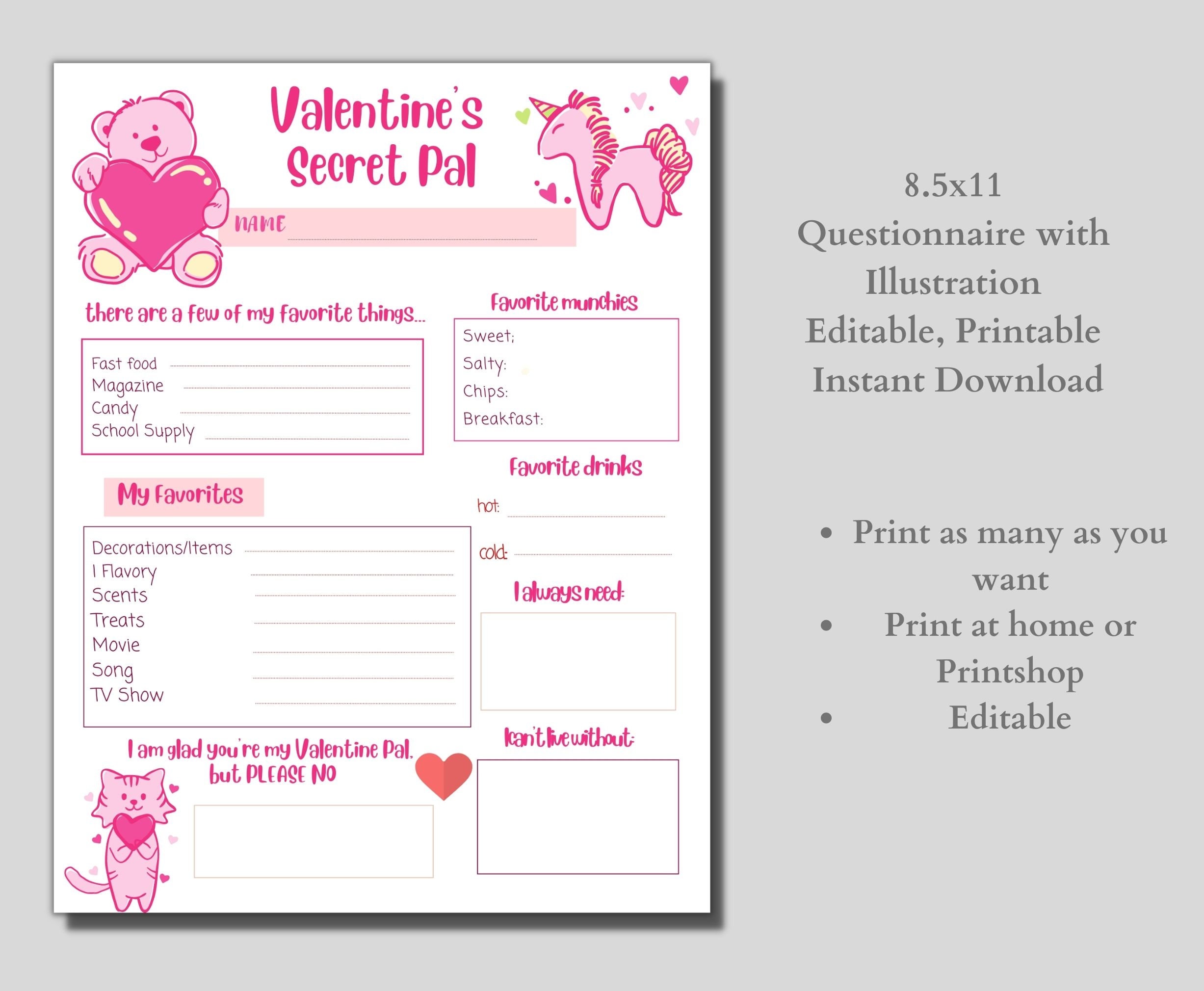 Valentine's Day Secret Pal Questionnaire, Printable Gift Exchange Wish ...